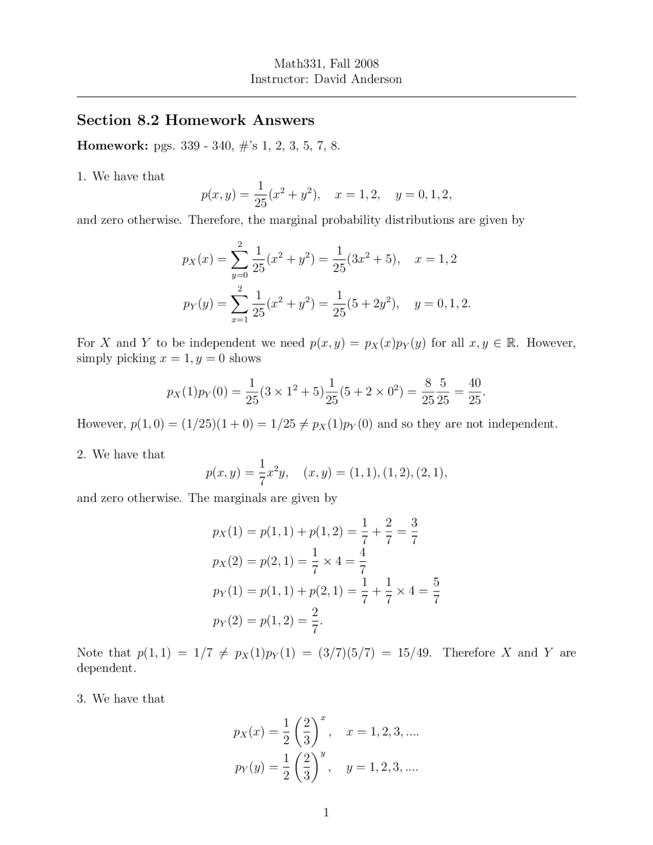 Introduction to Probability/Markov Chain Models - Homework 8 Solved | MATH 331 - Docsity