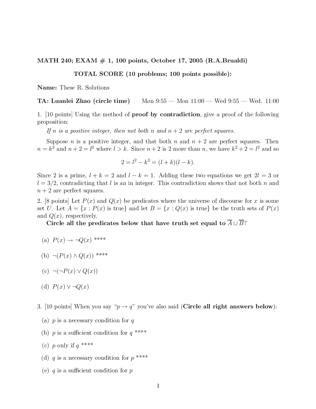 Exam 1 For Introduction To Discrete Mathematics 2005 Math 240 Docsity