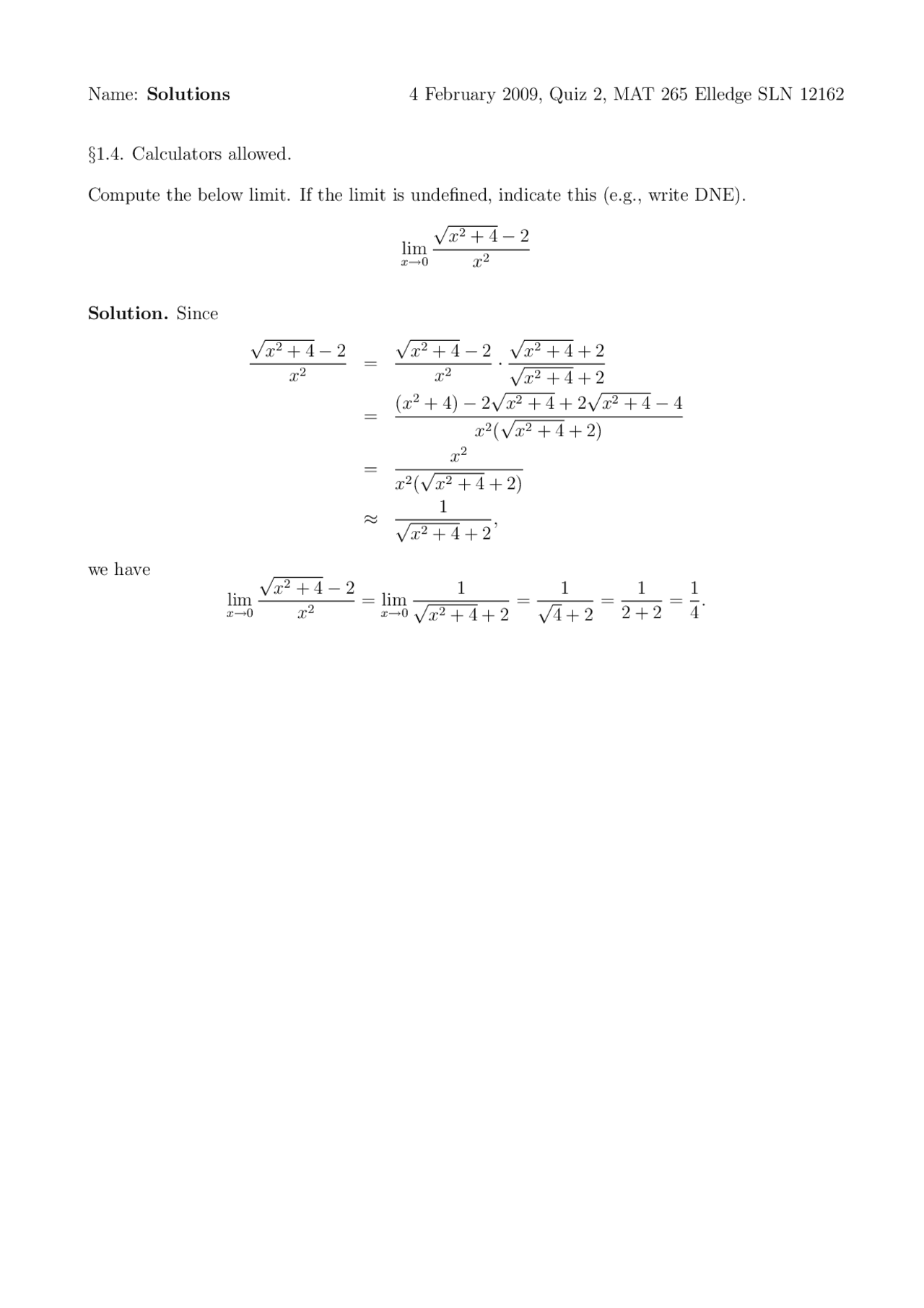 Solved Question On Calculus For Engineers I Quiz 2 Mat 265 Docsity