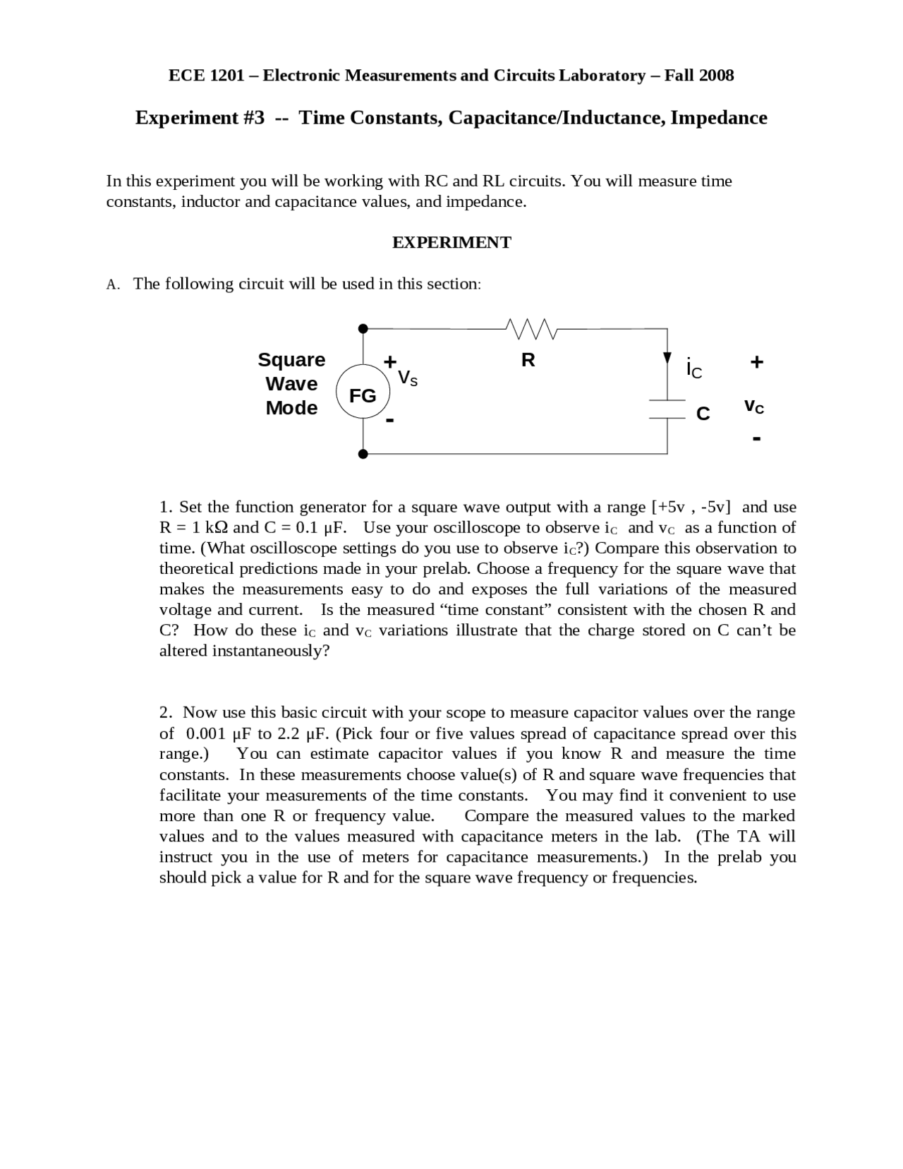 Time Constants, Capacitance/Inductance, Impedance - Experiment #3 | ECE 1201 | Lab Reports ...