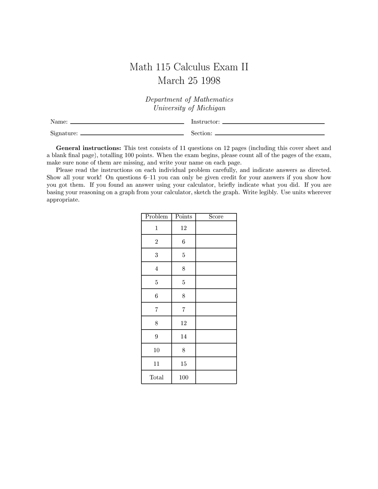 Exam 11 Questions On Calculus I Math 115 Docsity