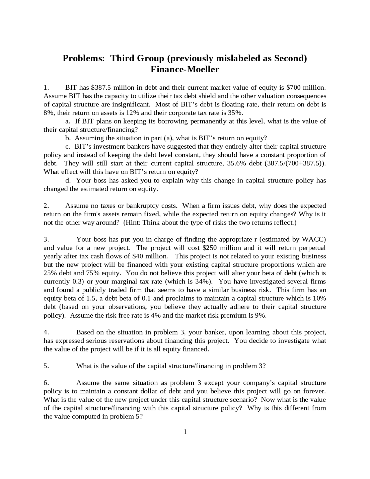 Finance-Moeller - Corporate Finance - Handout | BUSFIN 1311 - Docsity