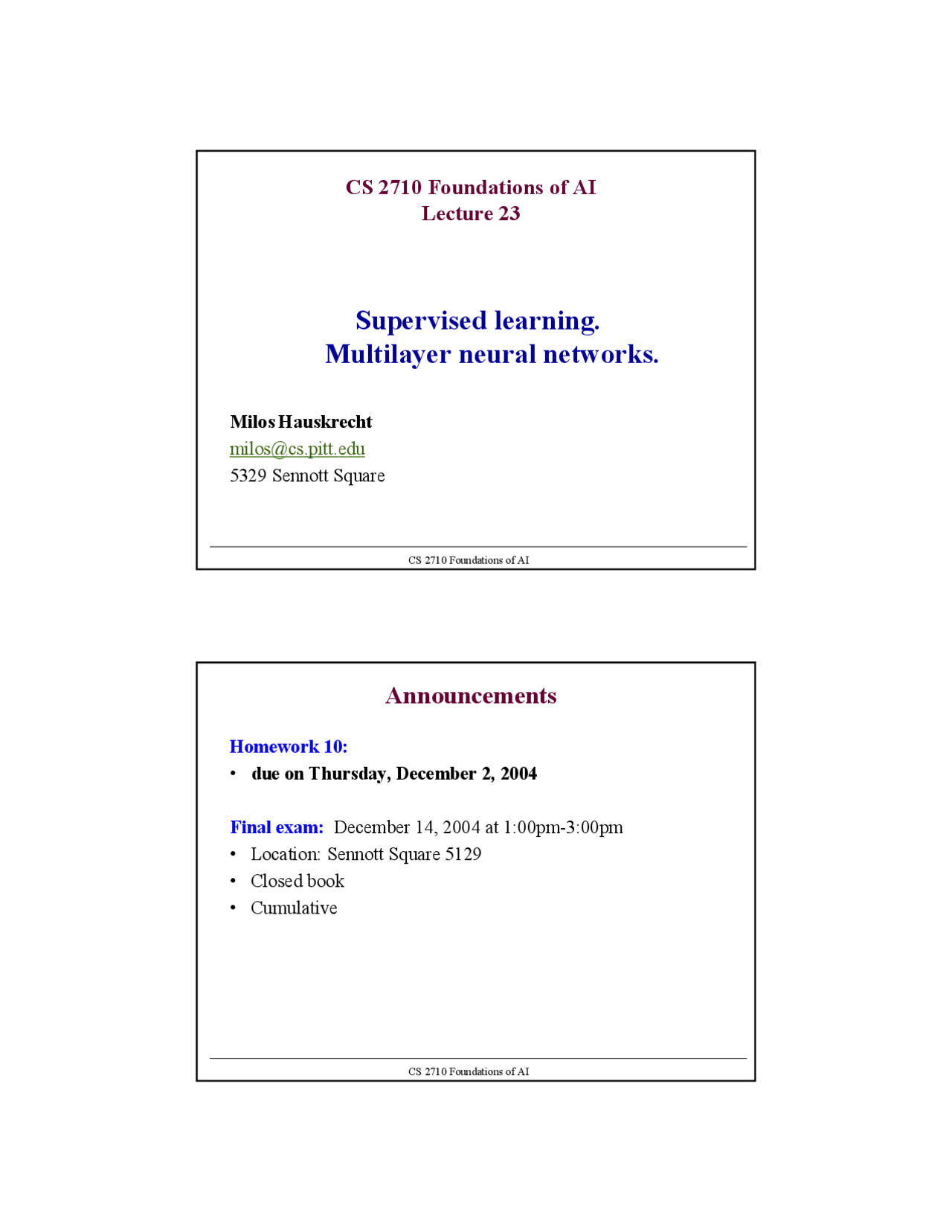 Supervised Learning Multilayer Neural Networks Lecture Slides Cs 2710 Docsity