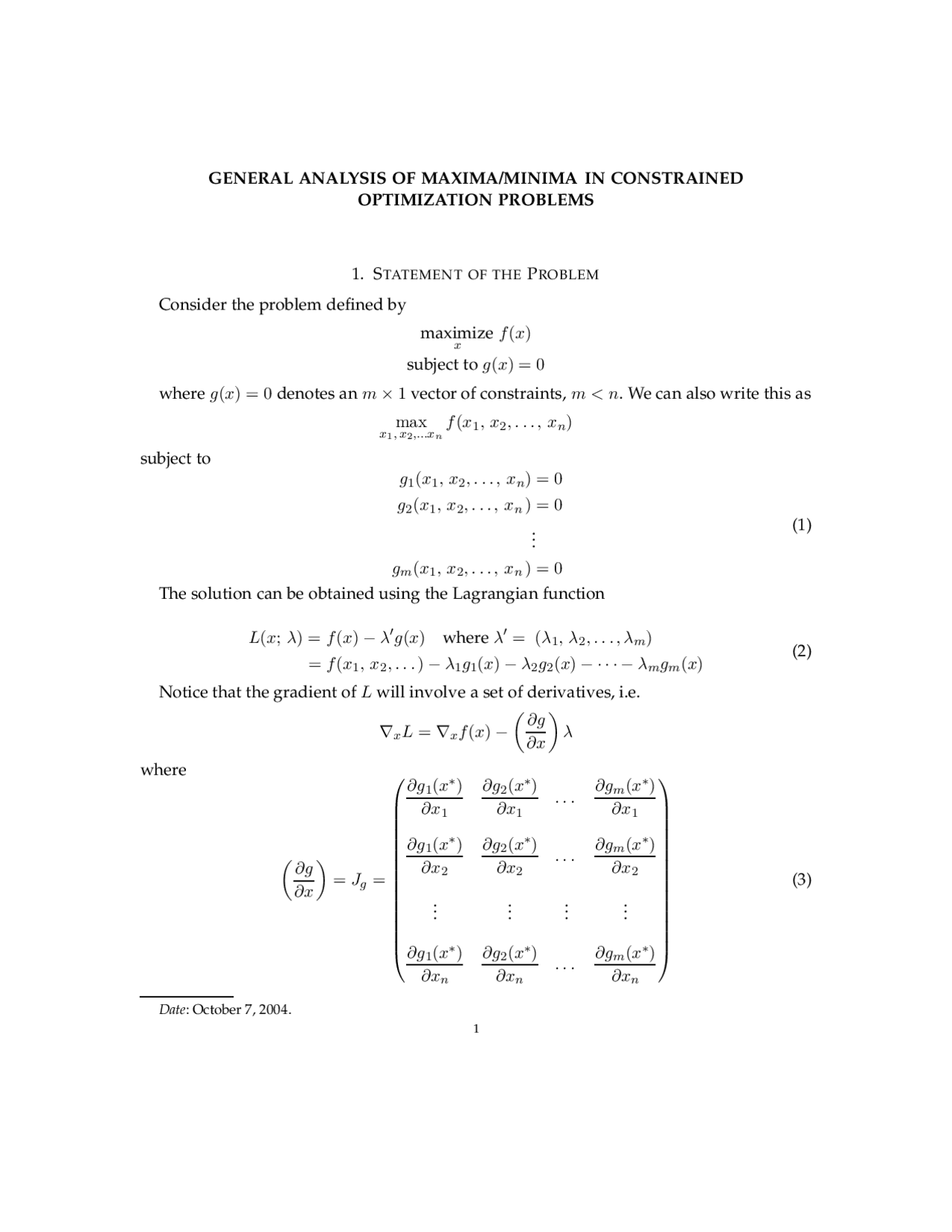 General Analysis Of Maxima Minima In Constrained Optimization