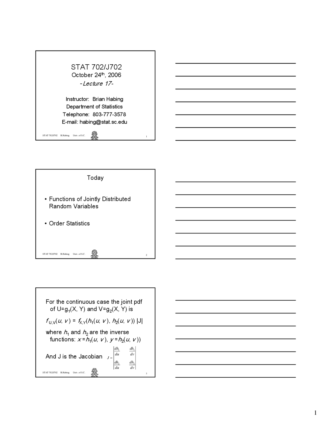 Functions Of Jointly Distributed Random Variables Lecture Slides