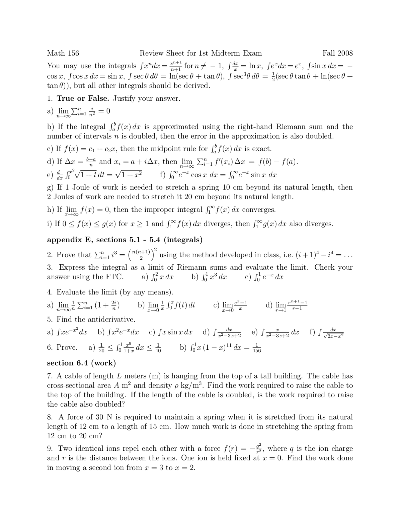 Review Sheet For Midterm Exam 1 Applied Honors Calculus Ii Math 156