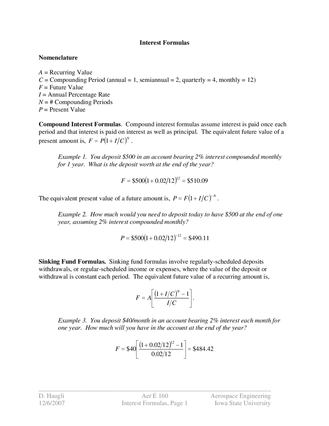 Notes On Interest Formulas Aerospace Engineering Problems Aer E 160