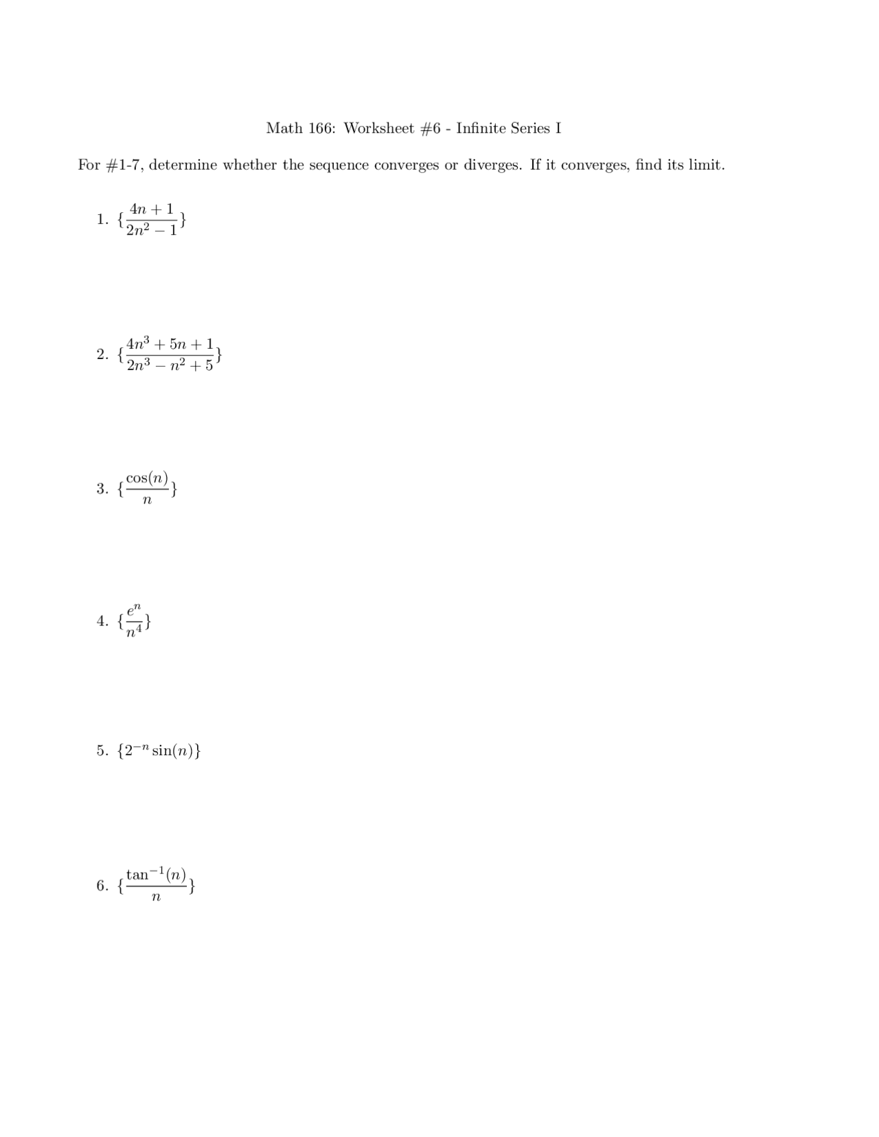 Worksheet 6 Infinite Series I Calculus Ii Math 166 Docsity