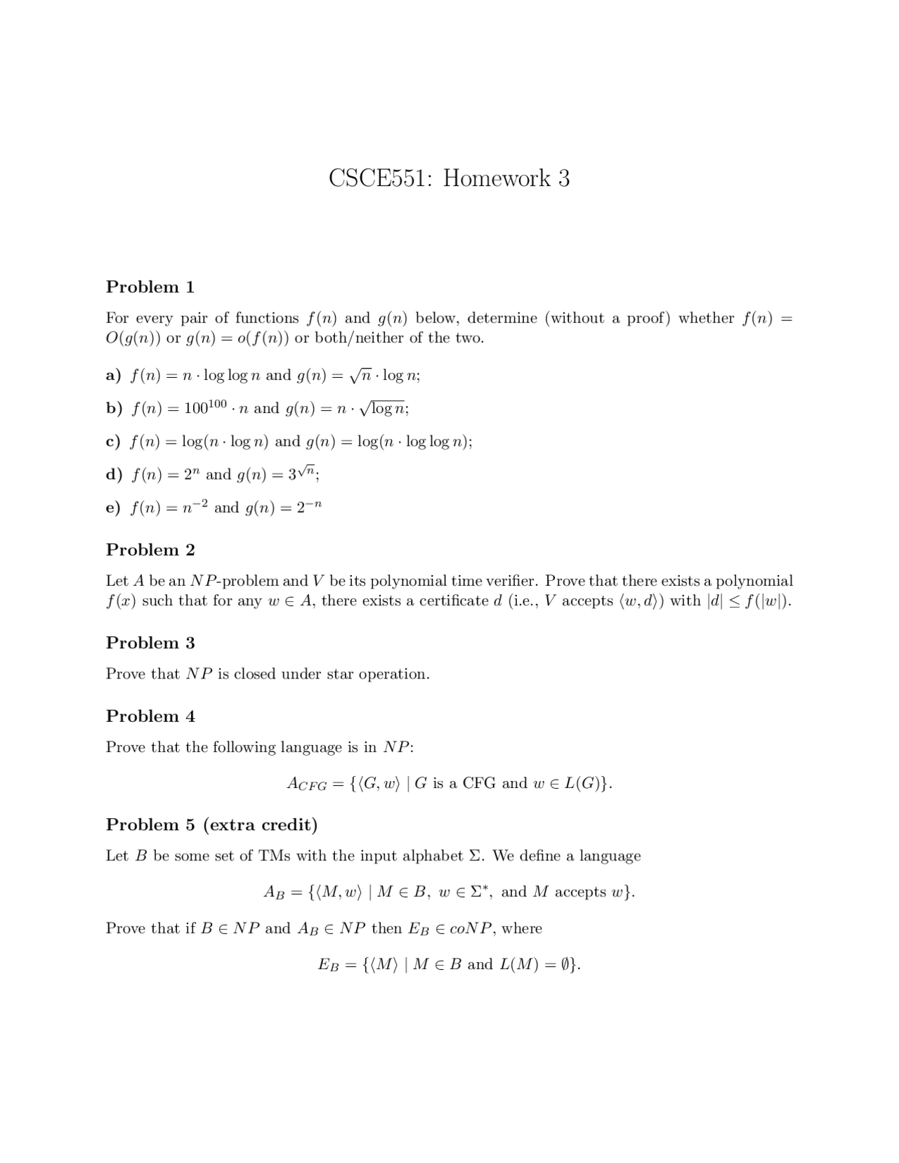 5 Problems On Theory Of Computation Assignment 3 Csce 551 Docsity