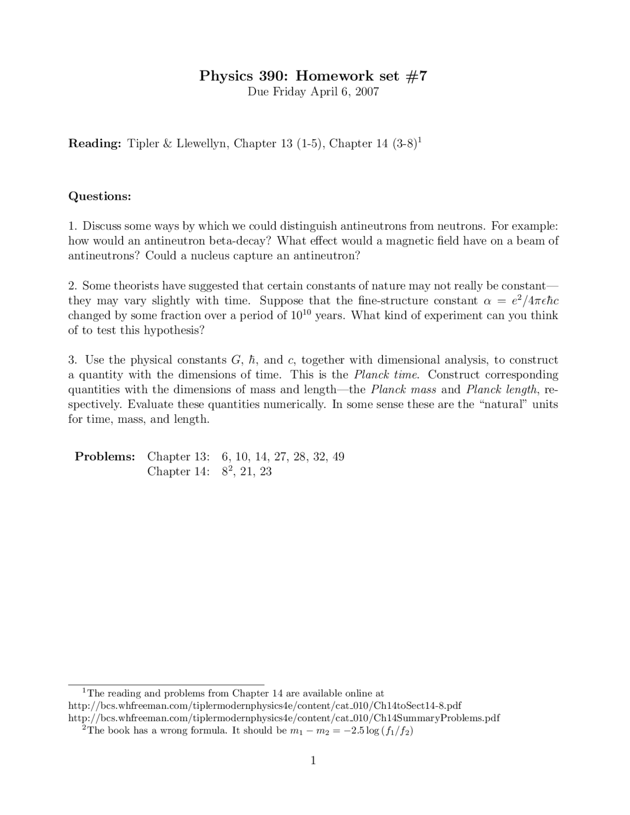 Homework 7 For Modern Physics Fall 2007 Physics 390 Docsity