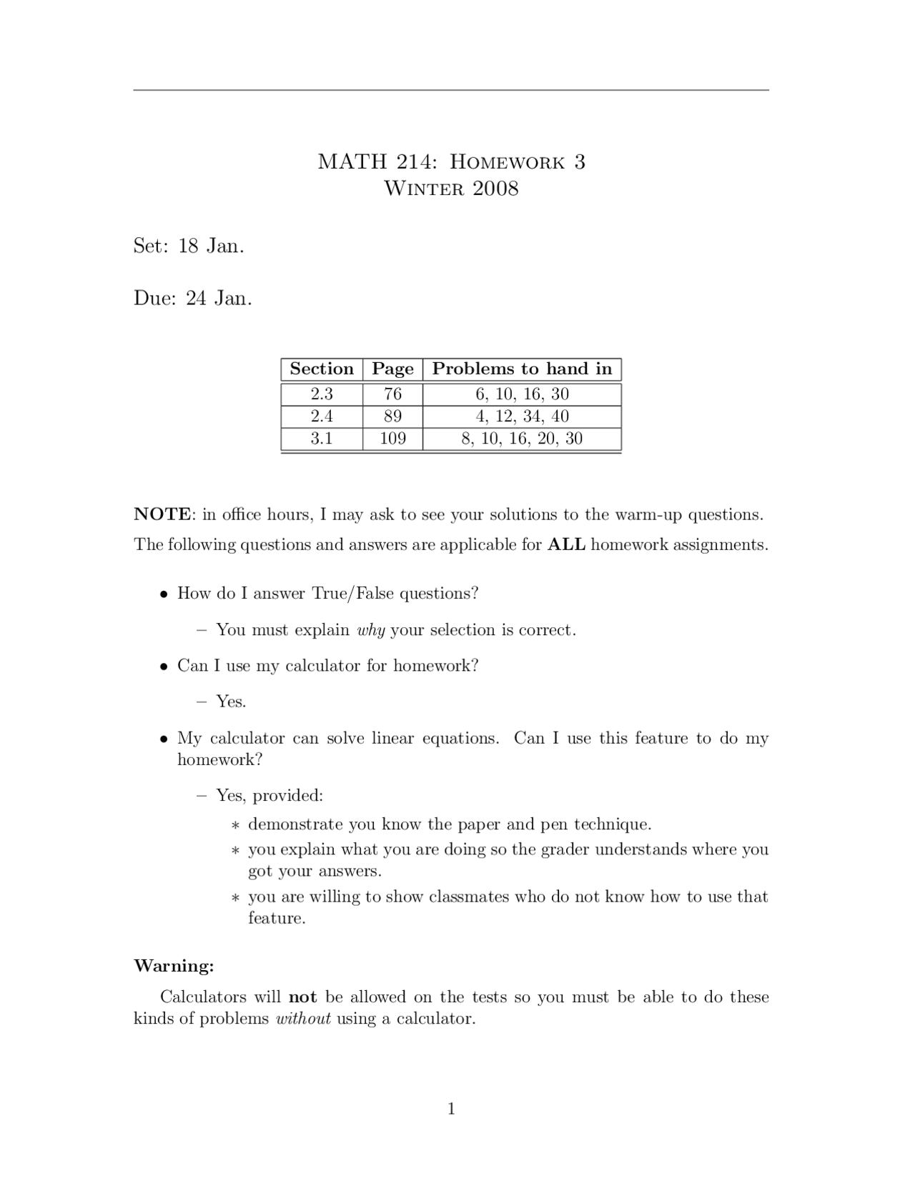 MATH 214 Homework 3: Winter 2008 | Assignments Mathematics | Docsity