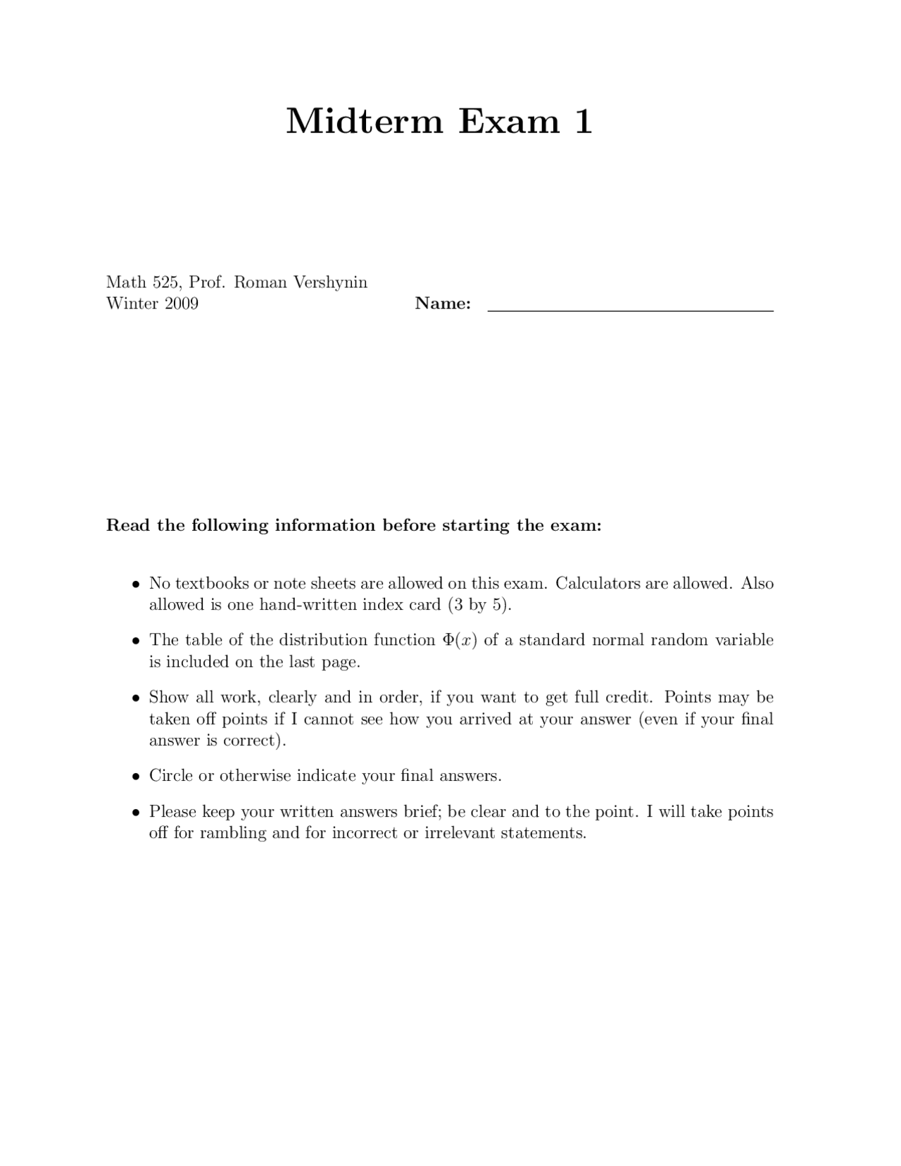 Midterm Examination 1 Problems - Probability | MATH 525 - Docsity