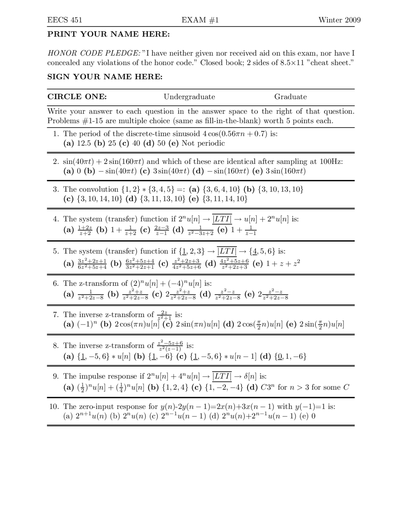 17 Unsolved Questions On Digital Signal Processing And Analysis Eecs 451 Exams Electrical