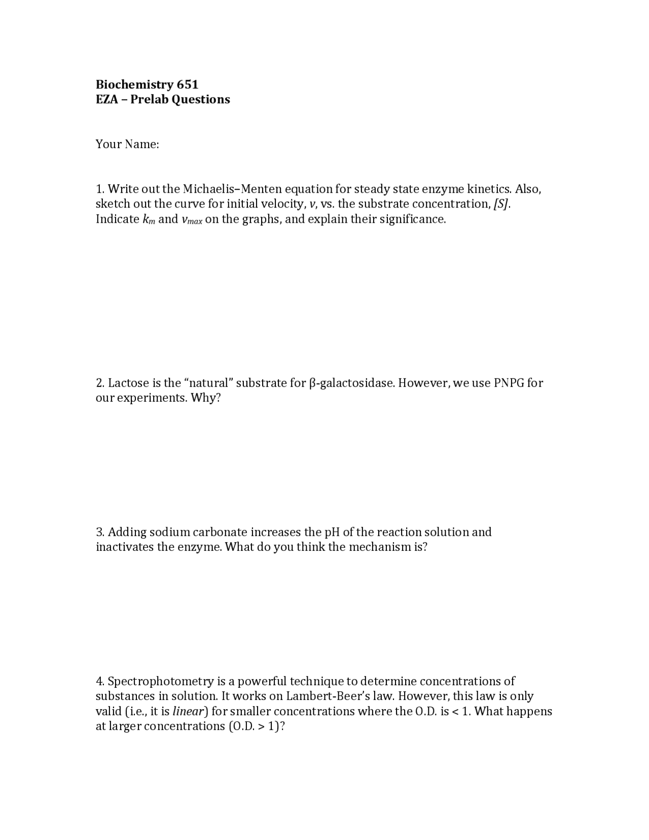 Prelab Questions For Biochemical Methods Biochem 651 Docsity
