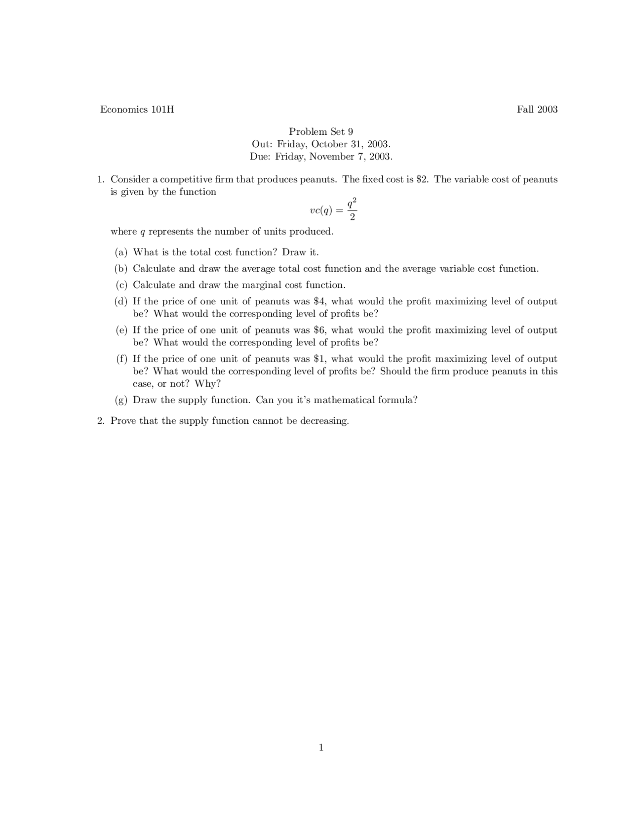 Problem Set 9 Honors Principles Of Microeconomics Econ 101h Docsity