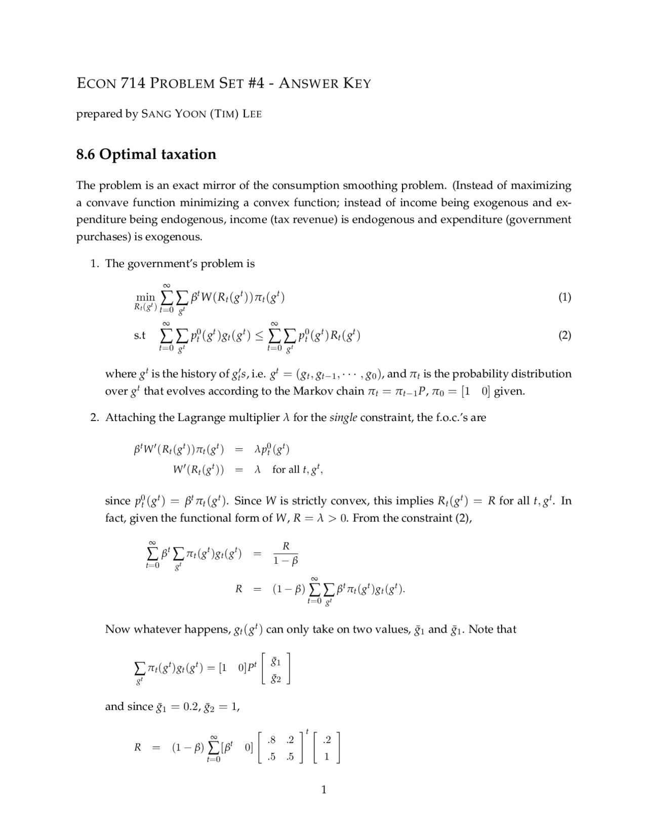 Microeconomics Sequence - Problem Set 4 with Answer Key | ECON 714 | Assignments Economics | Docsity