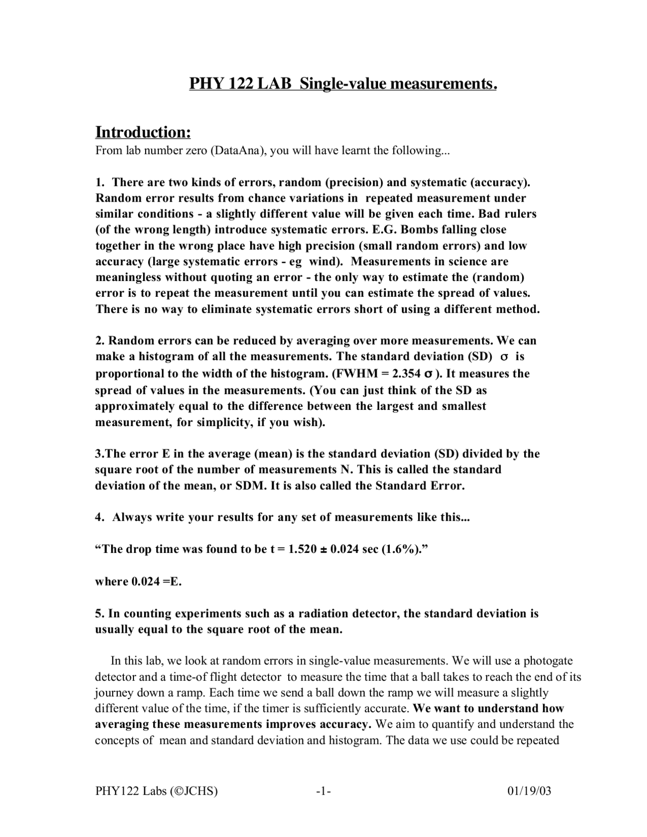 An Introduction to the Single Value Measurement | PHY 122 (LAB) - Docsity