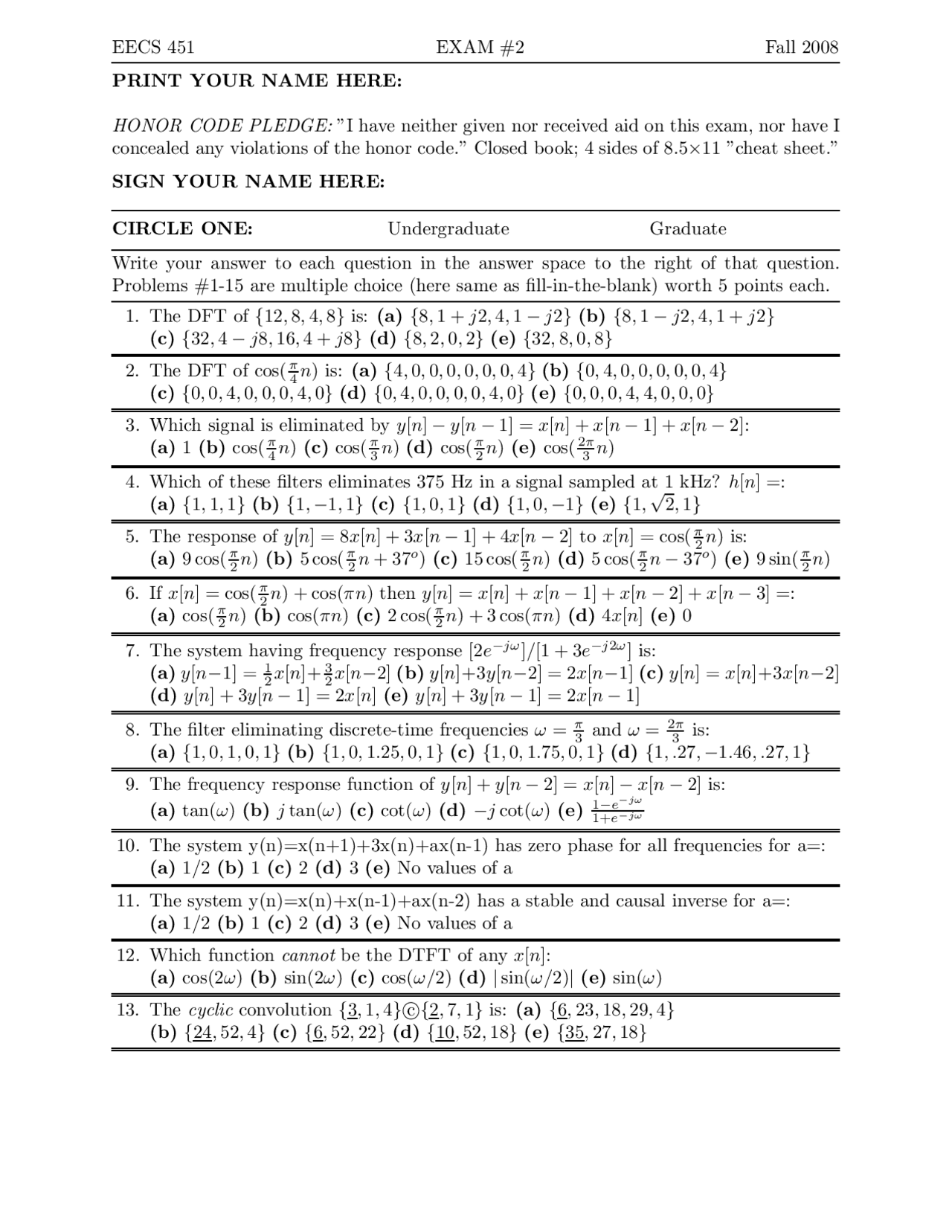 Digital Signal Processing And Analysis Exam 2 Eecs 451 Docsity