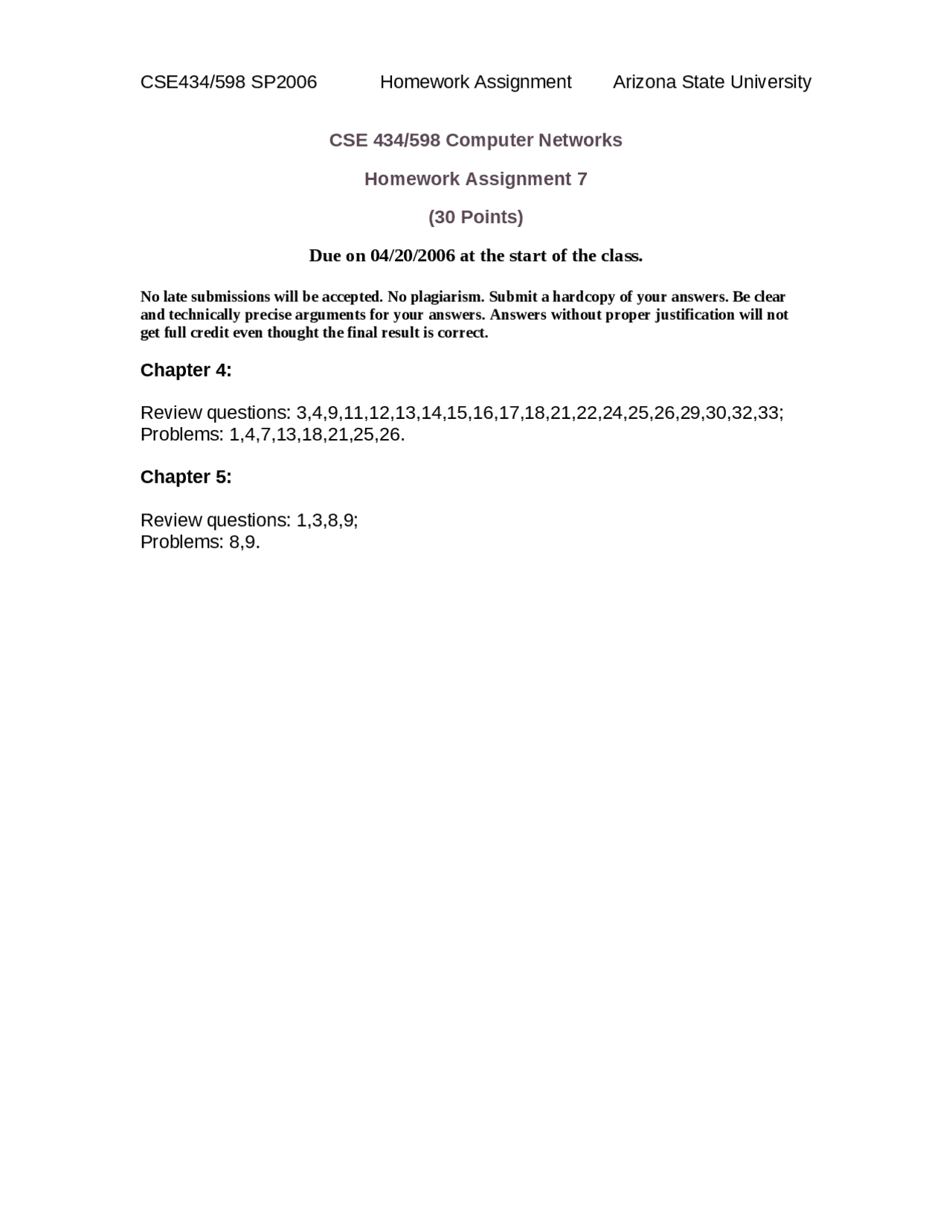 Computer Networks Assignment 7 Questions Cse 434 Docsity