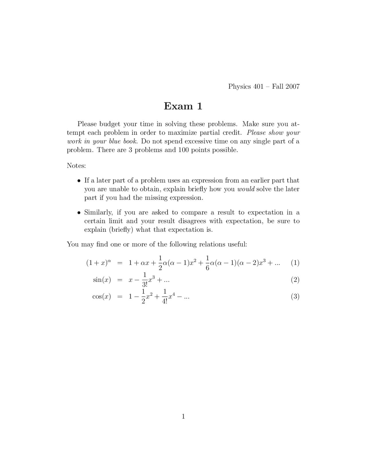 Exam 1 for Intermediate Mechanics - Fall 2007 | PHYSICS 401 - Docsity
