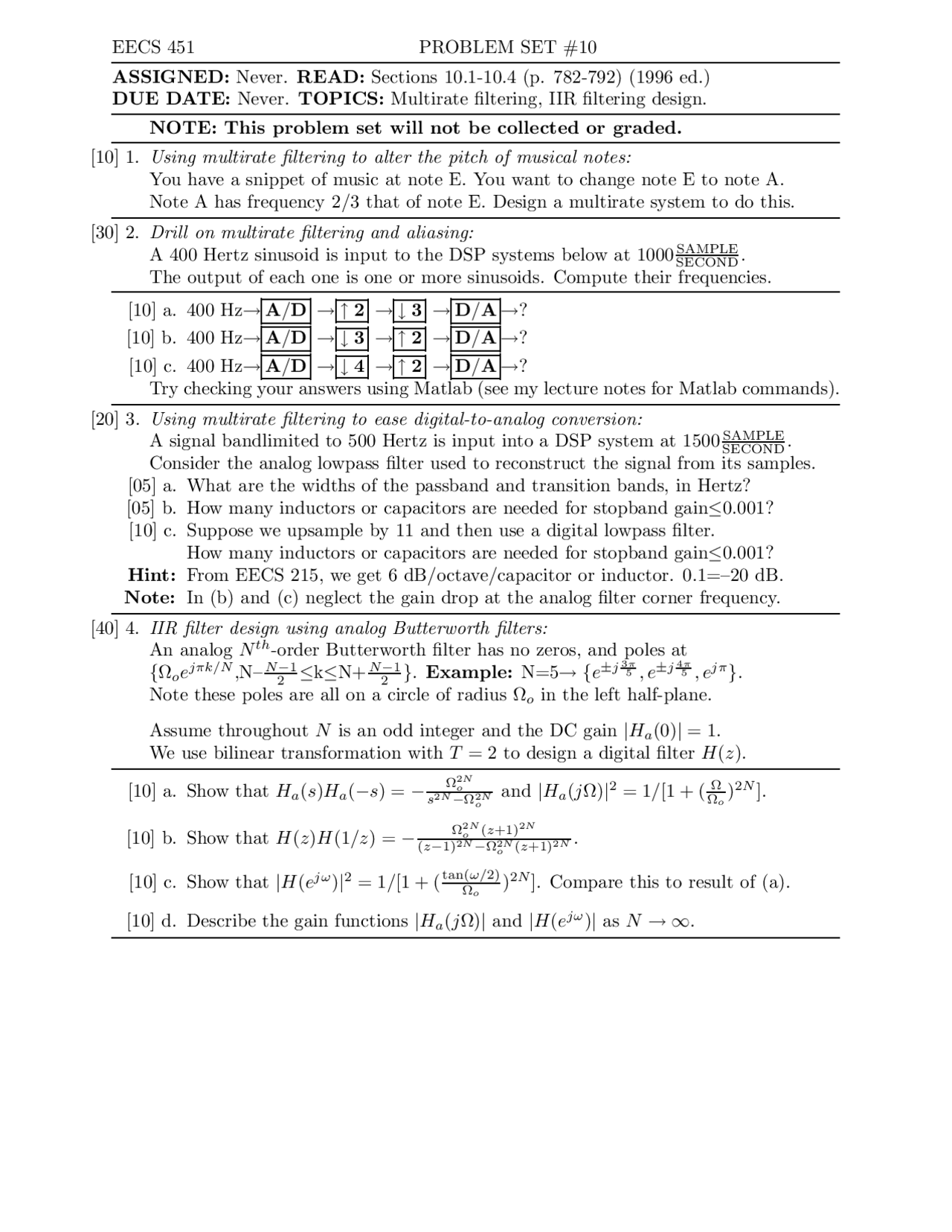 Problem Set 10 On Digital Signals Processing And Analysis Eecs 451