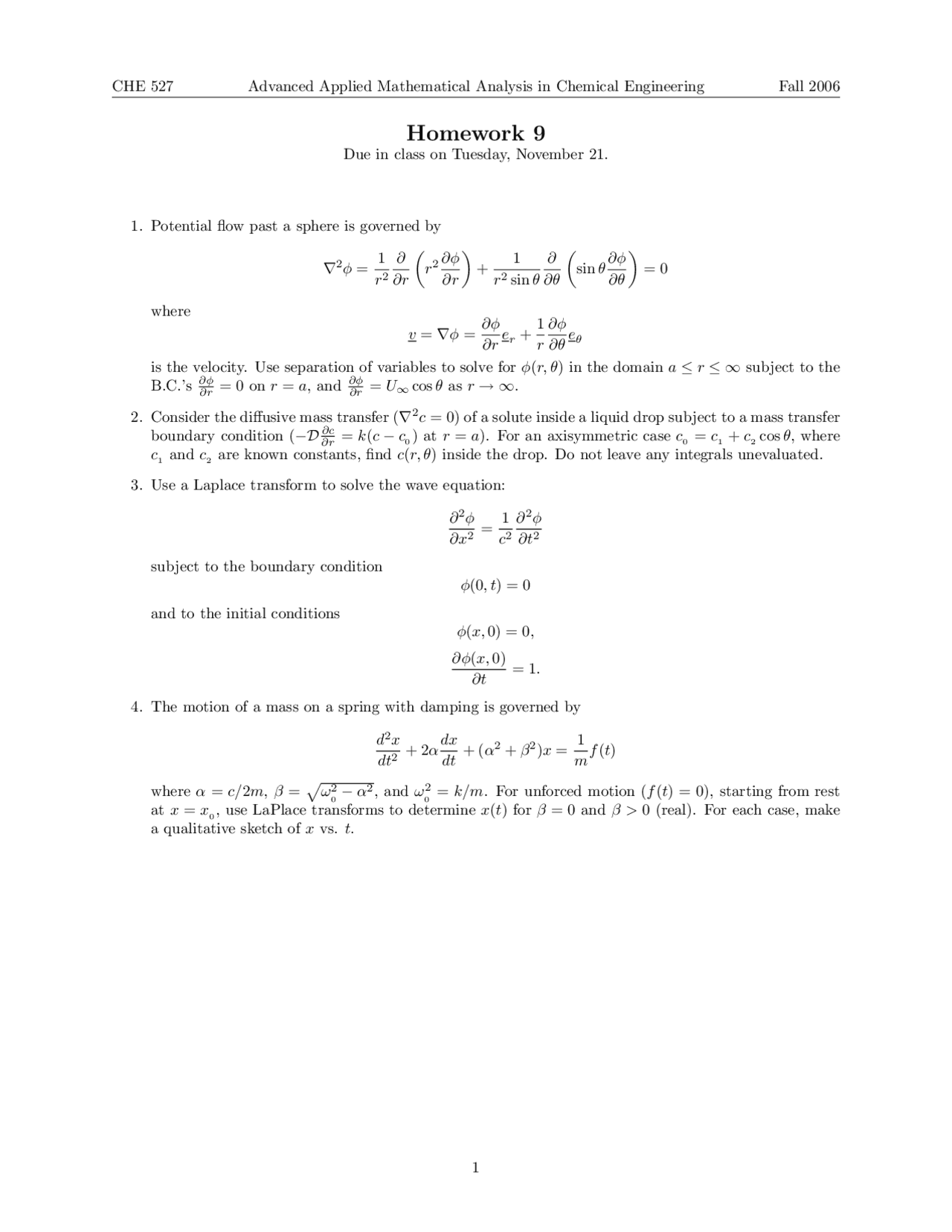 Homework 9 Advanced Applied Mathematical Analysis In Chemical