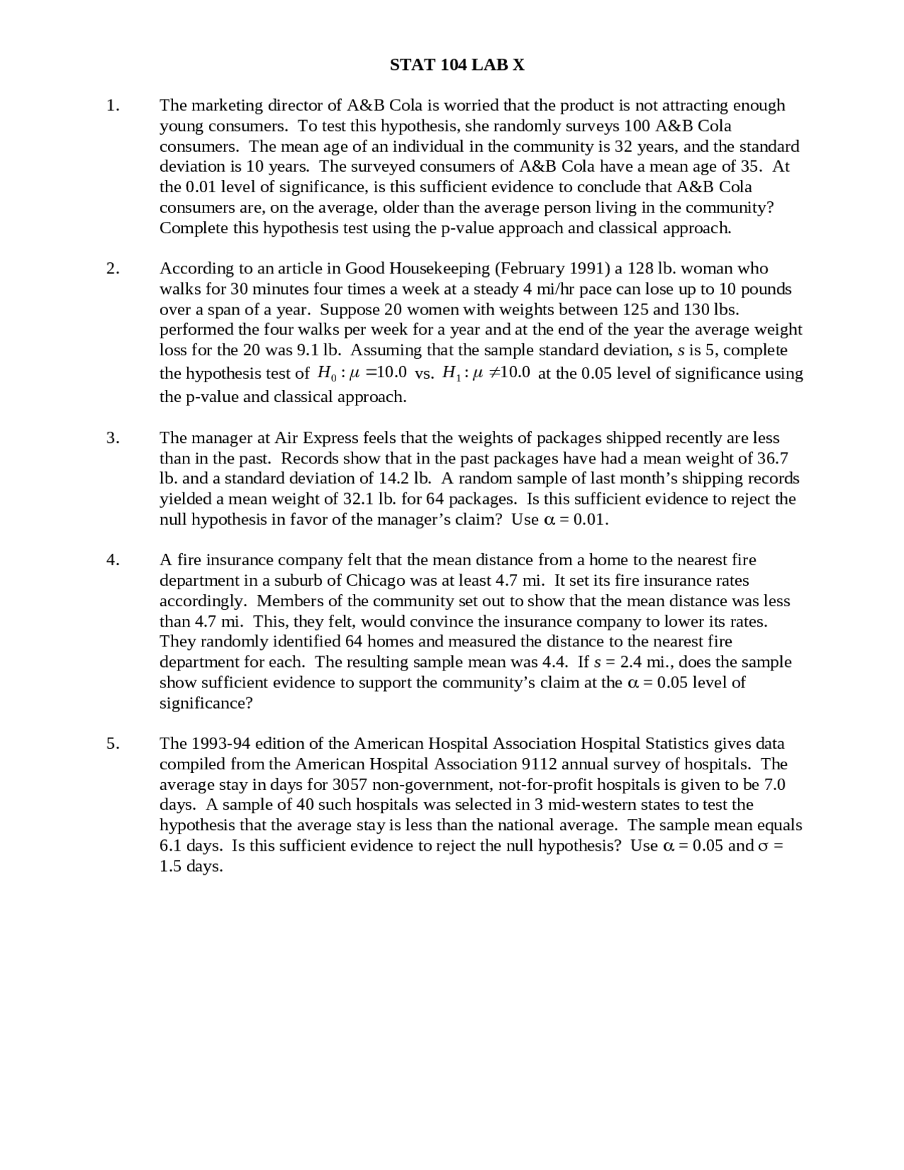 5 Questions For Laboratory Introductory Statistics Stat 104 Docsity