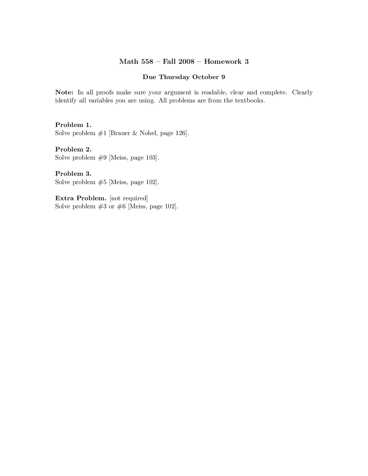 Ordinary Differential Equations Homework 3 Problems Math 558 Docsity
