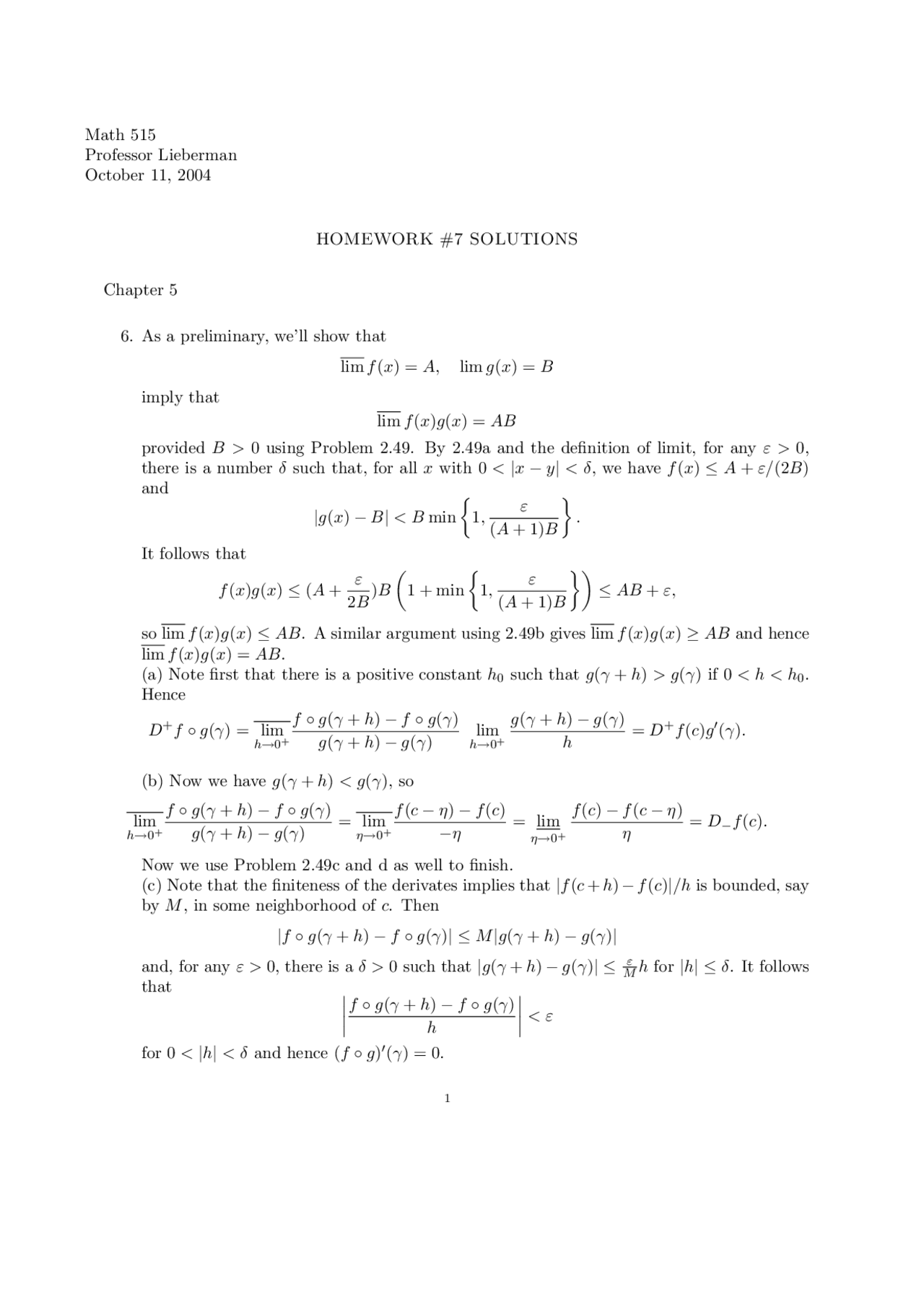 Real Analysis I Homework 7 With Solutions Math 515 Docsity