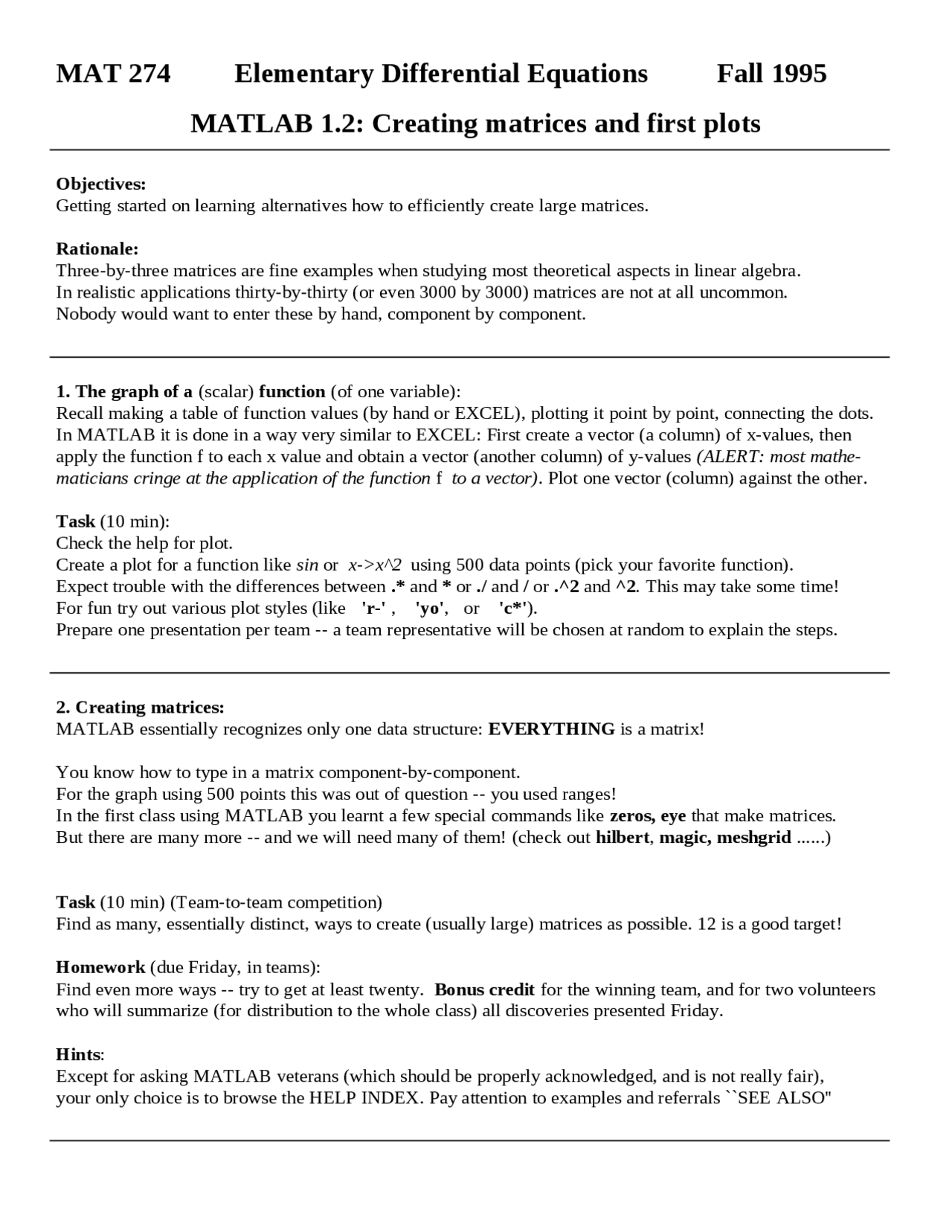 Creating Matrices And First Plots Assignment Mat 274 Docsity