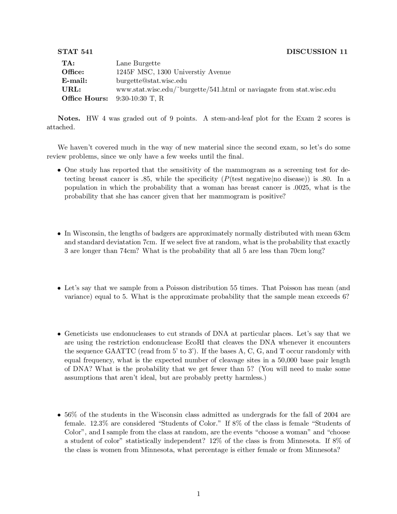 Discussion 11 For Introduction To Biostatistics Stat 541 Docsity 