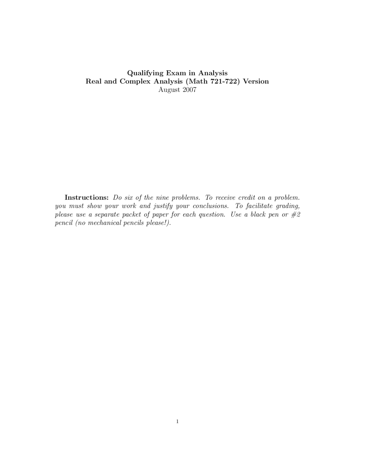 Qualifying Exam Real And Complex Analysis Math 721 Docsity