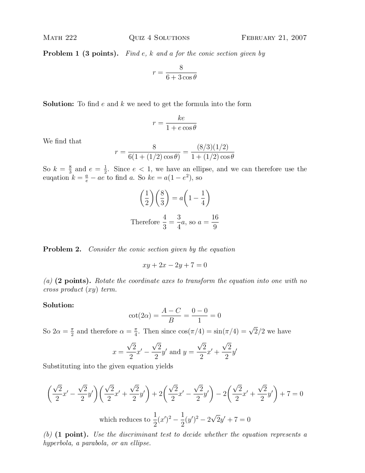 Quiz 4 With Solution For Calculus And Analytic Geometry Math 222
