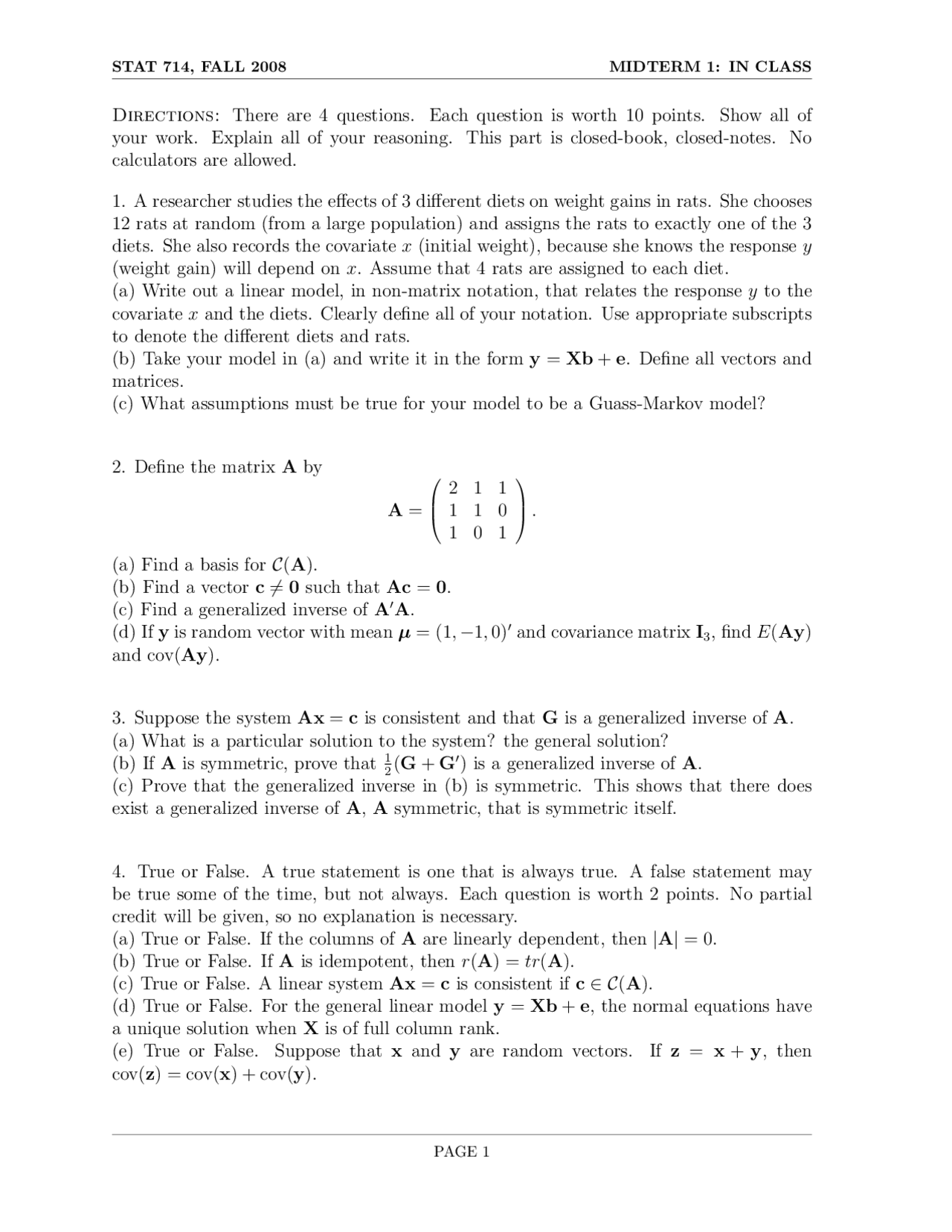 Midterm Exam For Linear Statistical Models Stat 714 Docsity
