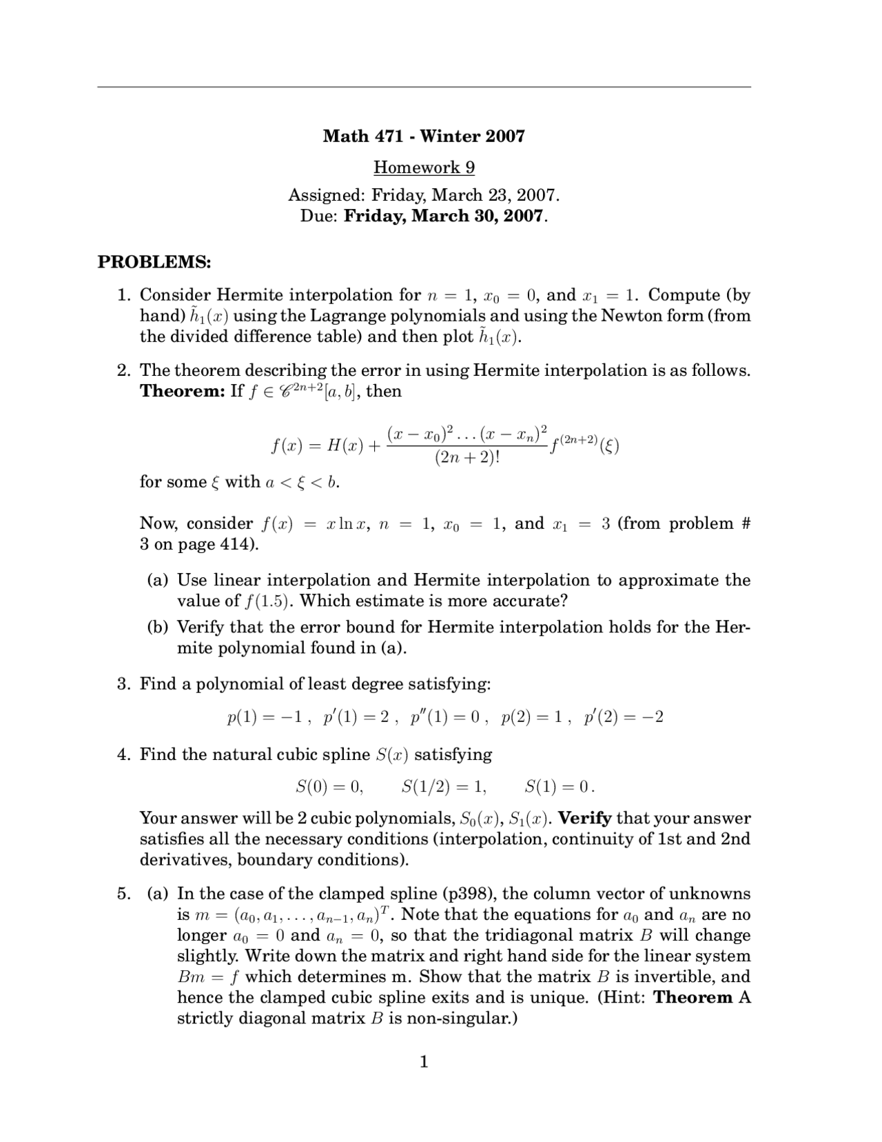 Homework 9 For Introduction To Numerical Methods Math 471 Docsity