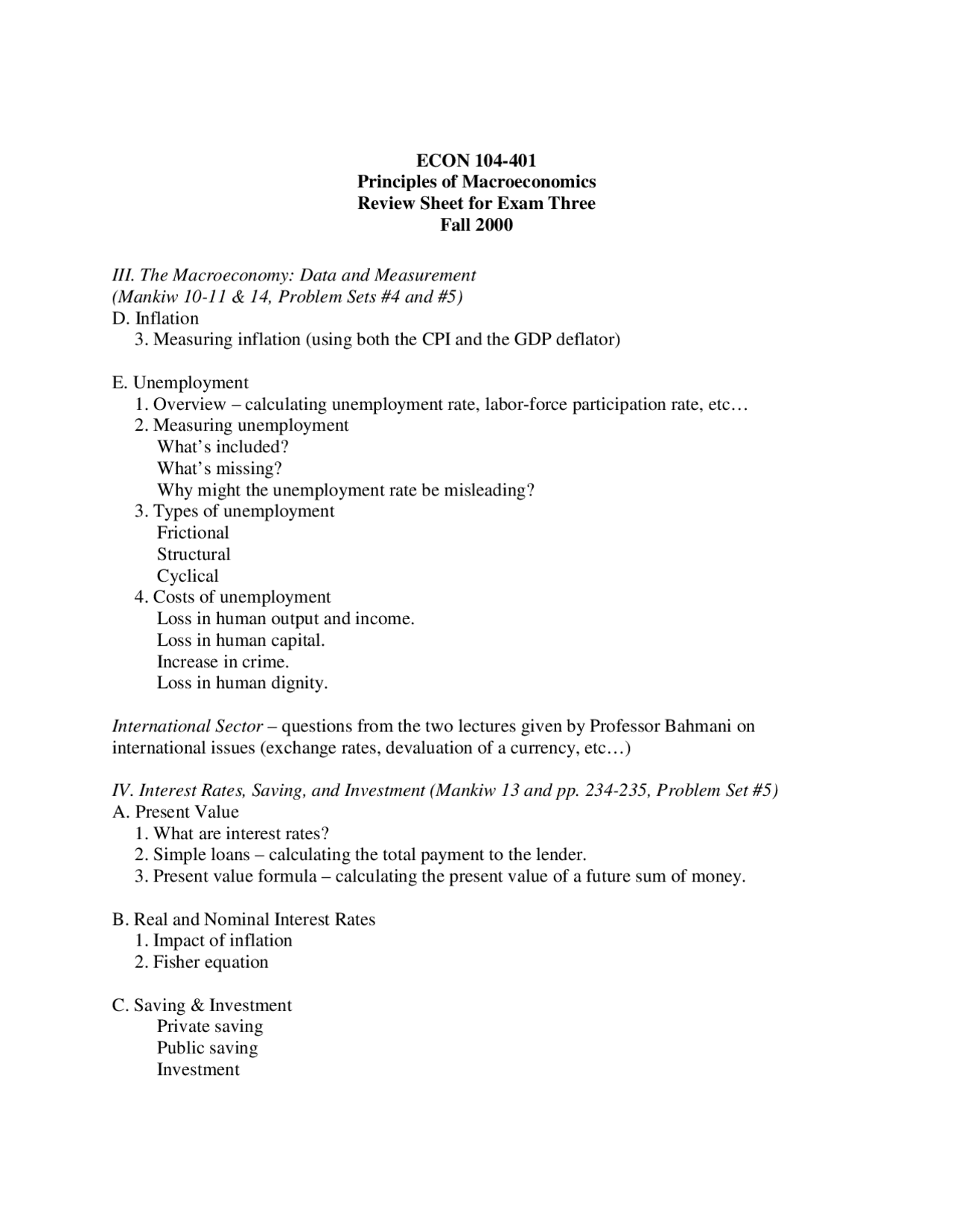 Review Sheet For Exam 3 Principles Of Macroeconomics Econ 104 Docsity
