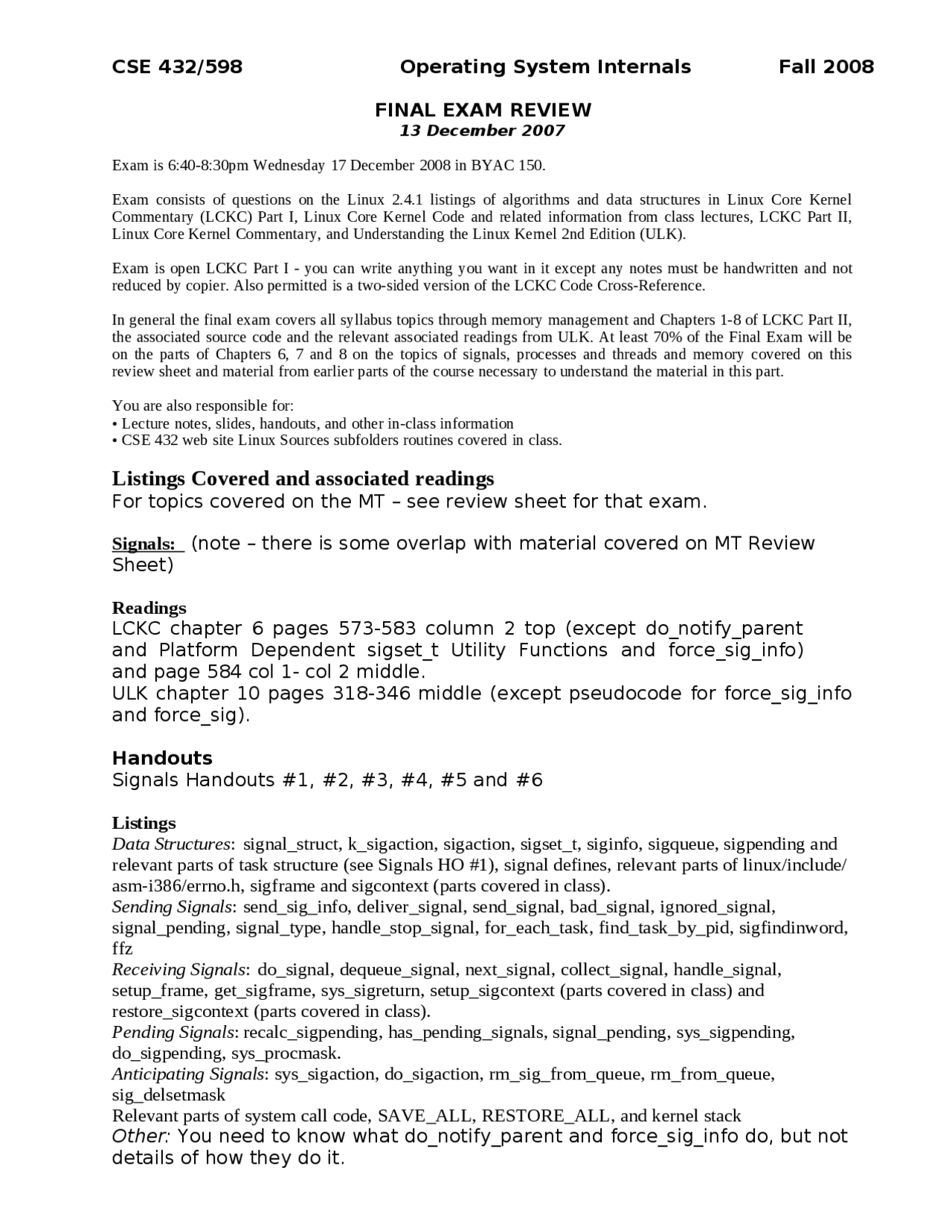 Final Exam Review Operating System Internals Cse 591 Docsity
