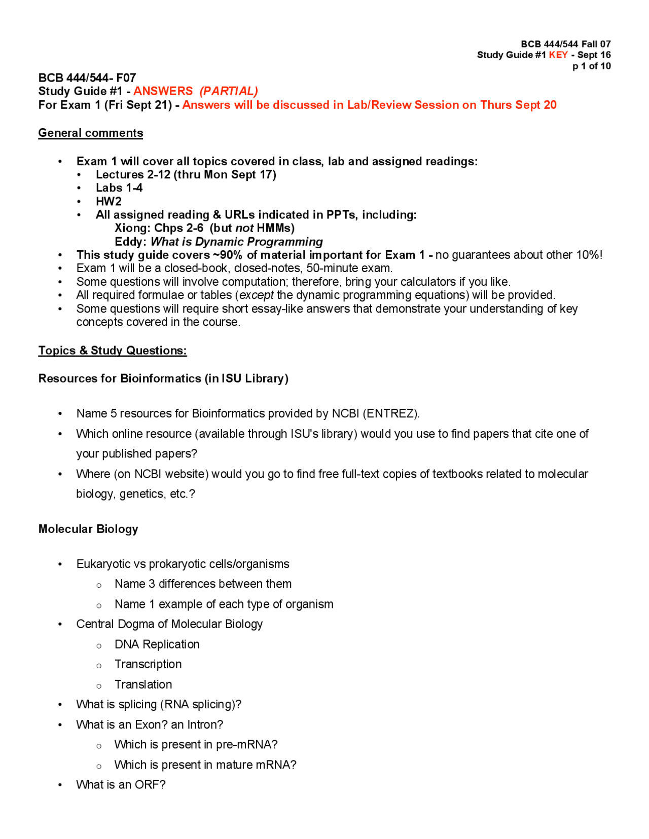 Solved Questions On Introduction To Bioinformatics Exam 1 Bcb 444