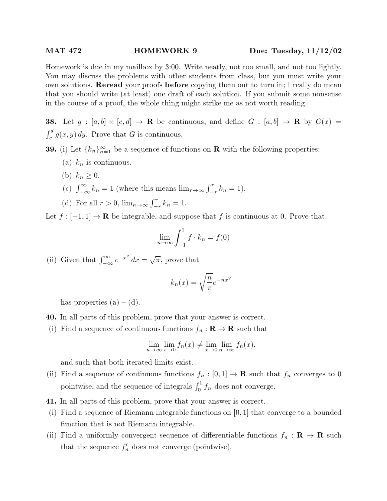 Intermediate Real Analysis I Assignment 9 Problems Mat 472 Docsity