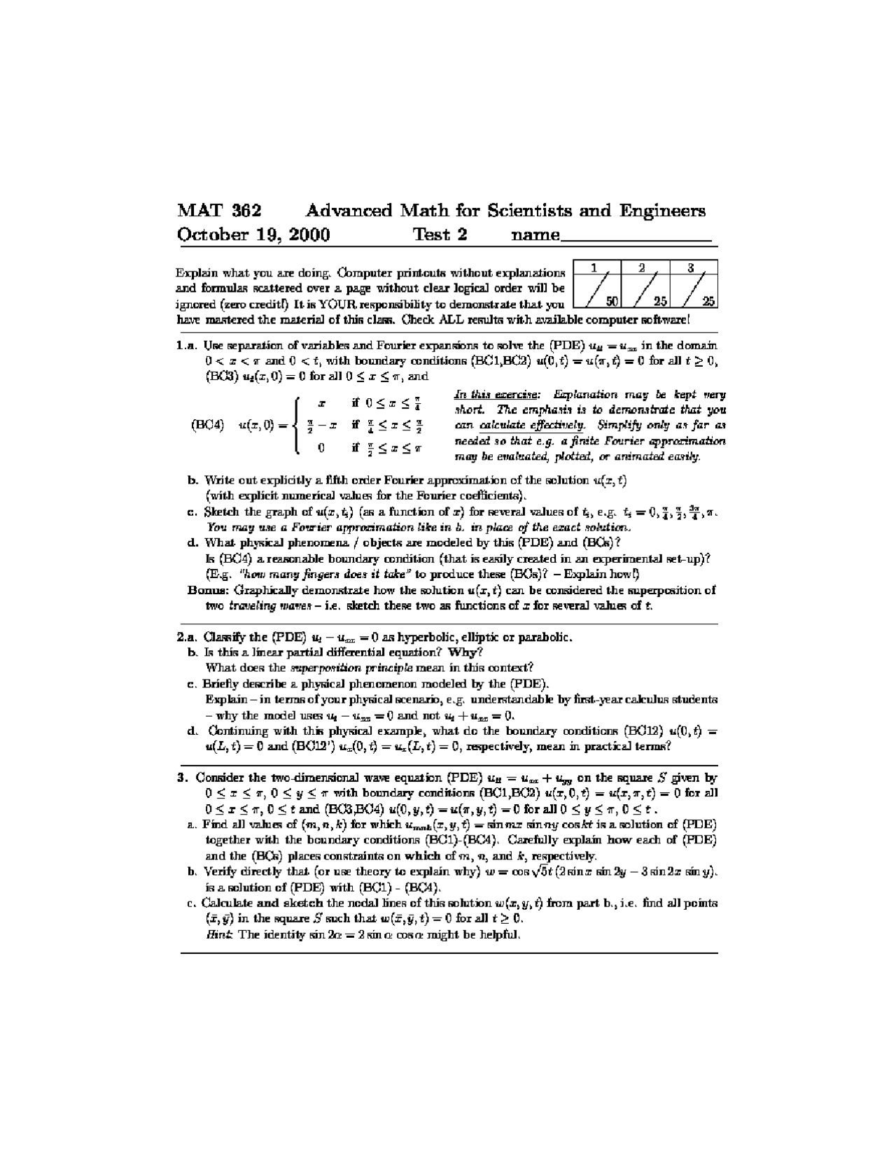 3 Questions Exam 2 Advanced Mathematics Engineers Mat 362 Docsity