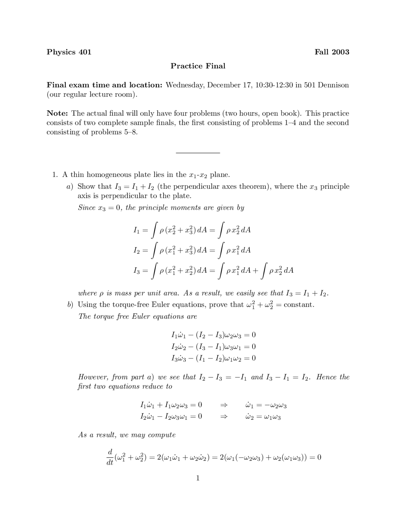 8 Questions on Intermediate Mechanics -Practice Final Exam | PHYSICS ...