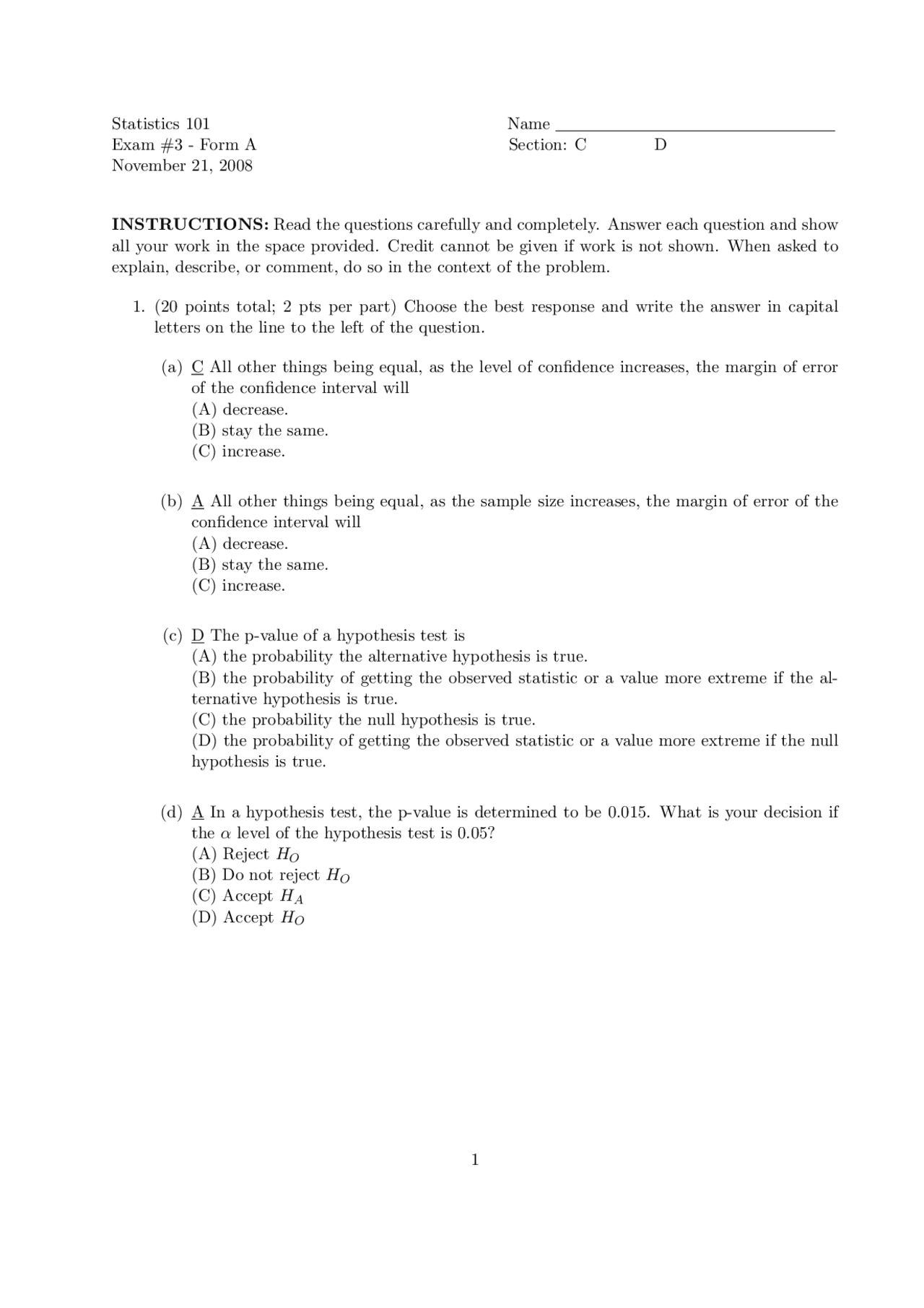 4 Questions Of Principle Of Statics Exam 3 Stat 101 Docsity