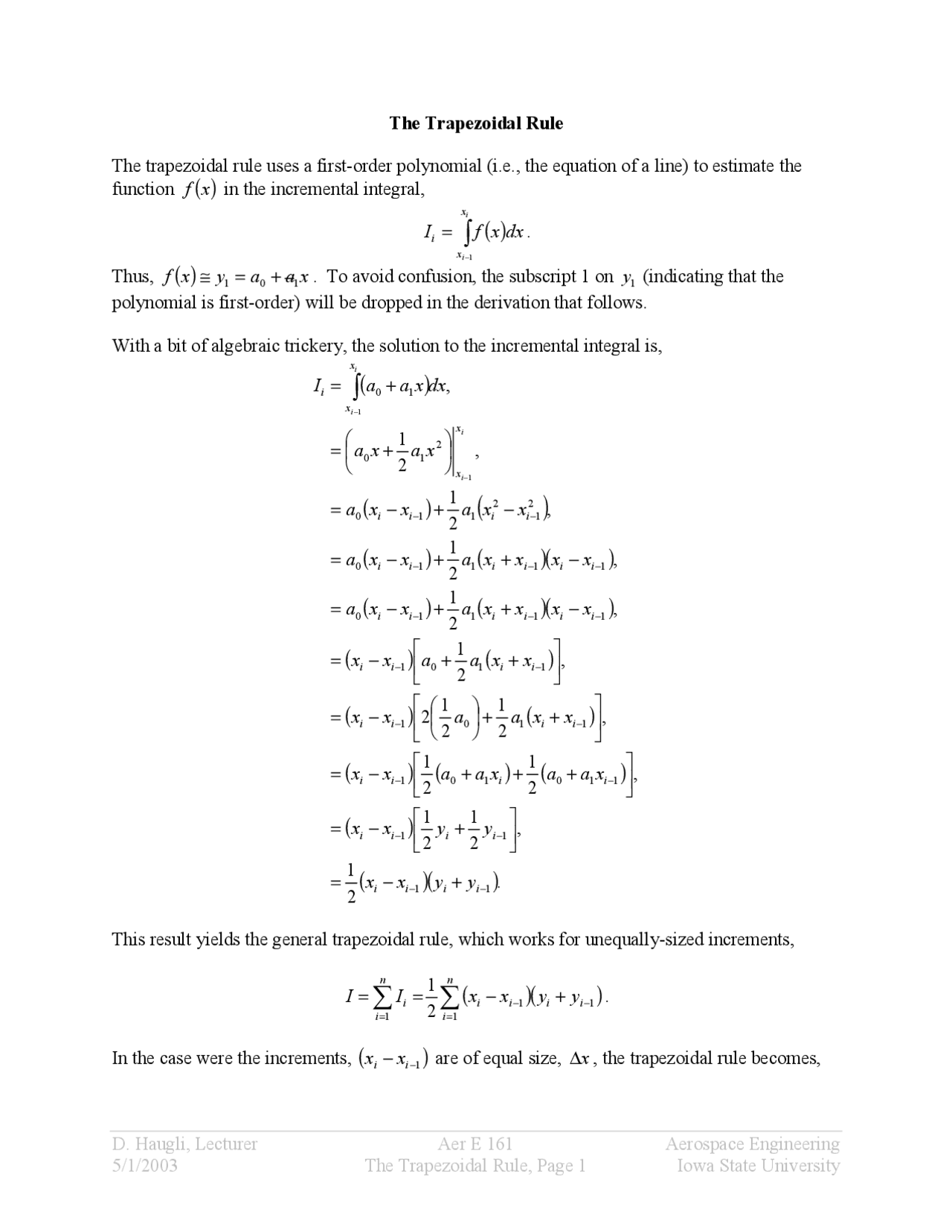 The Trapezoidal Rule - Lecture Notes | AER E 161 - Docsity
