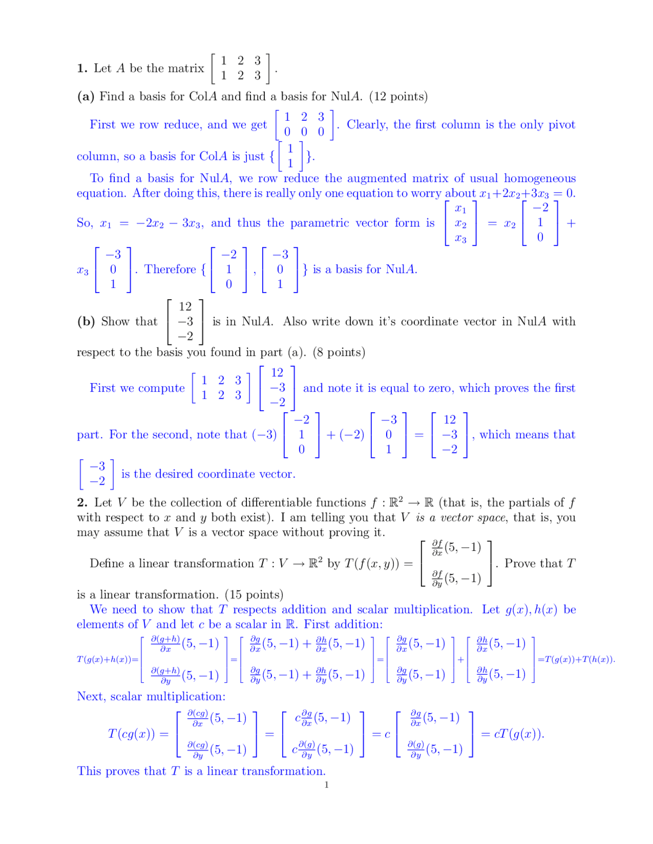Bases for Cola and Nula - Linear Algebra | MATH 217 - Docsity