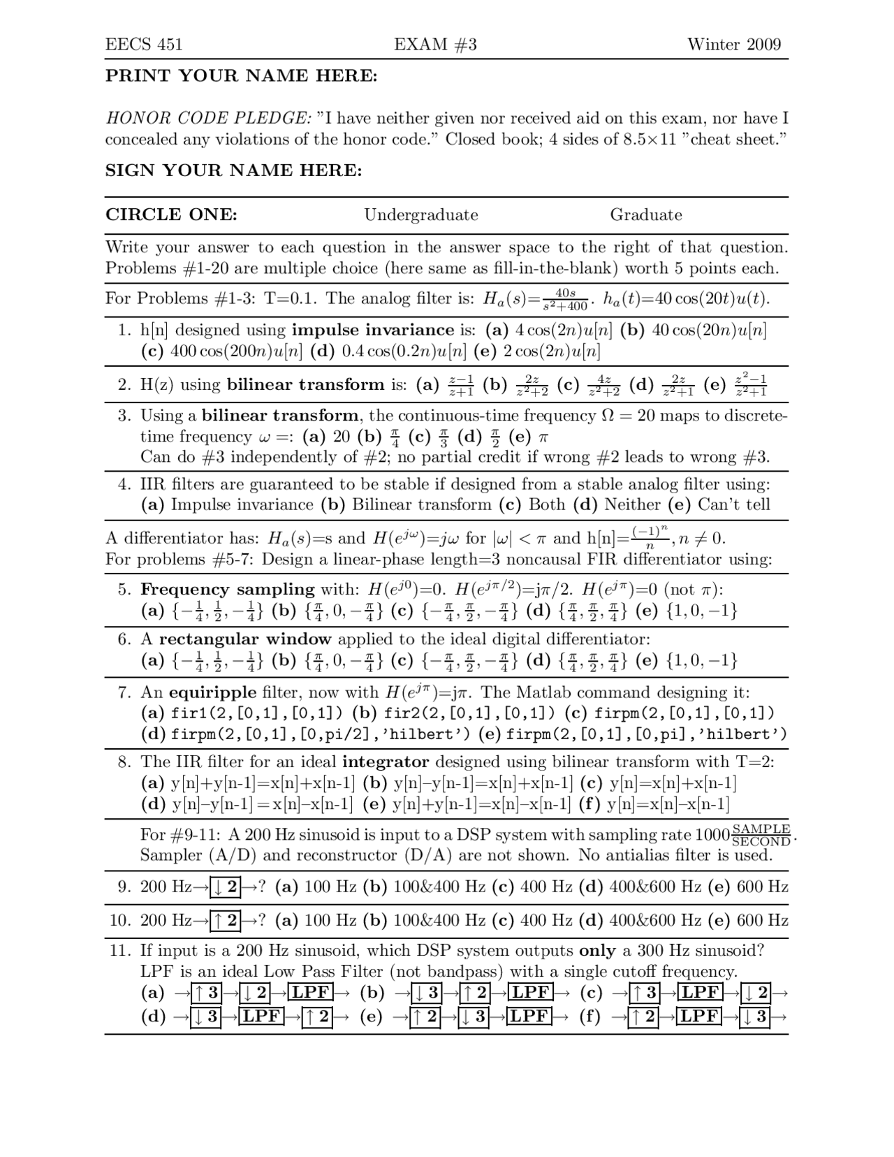 Answer To 20 Mcqs For Exam 3 Digital Signal Processing And Analysis