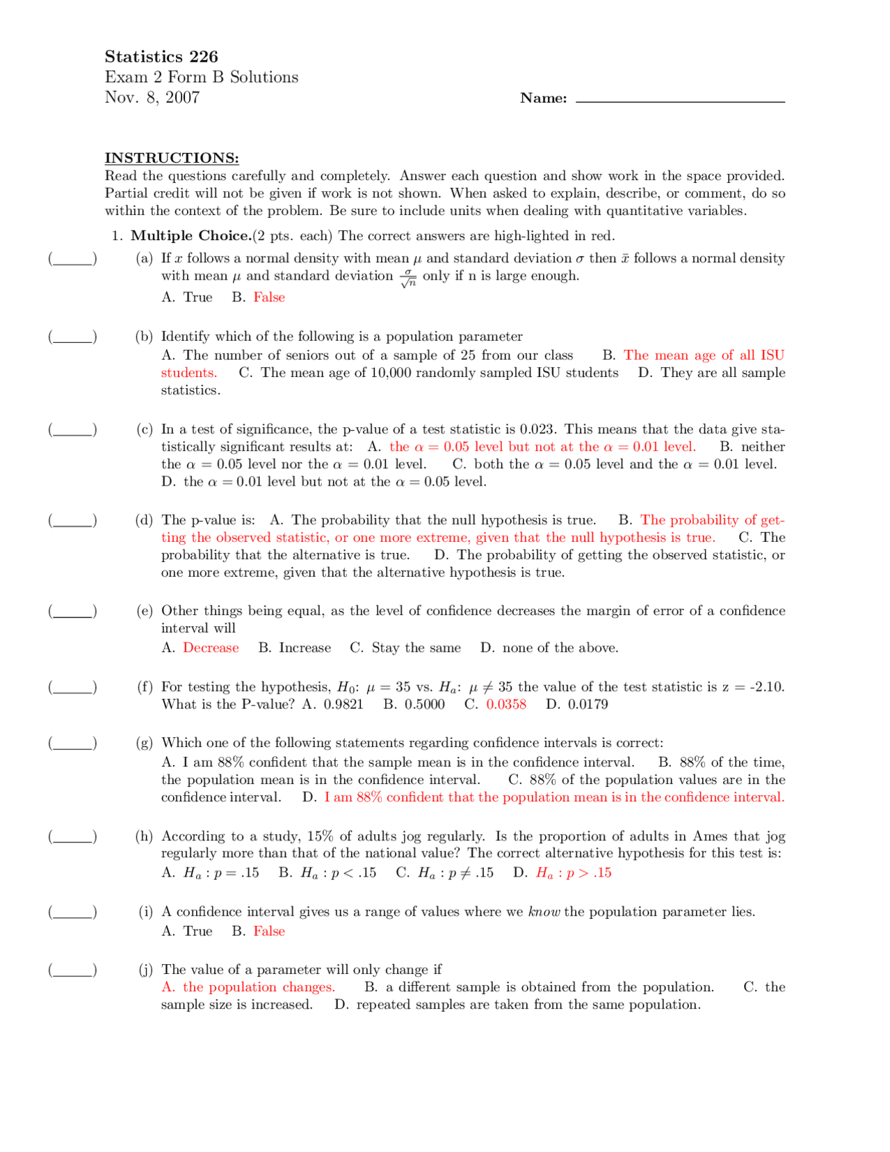 Exam 2B Solutions | Introduction to Business Statistics I | STAT 226 ...