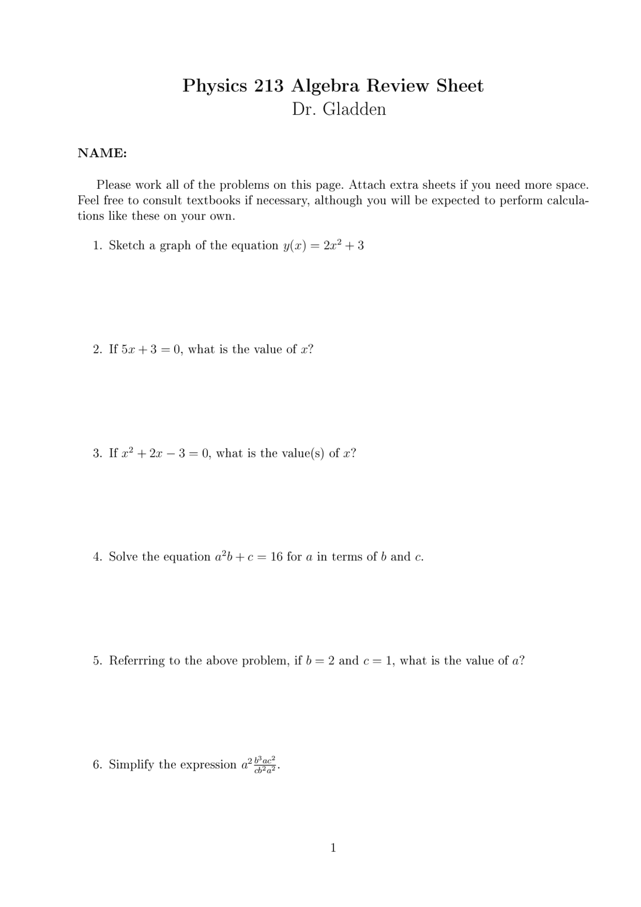 Algebra Review Sheet | General Physics I | Phys 213 - Docsity
