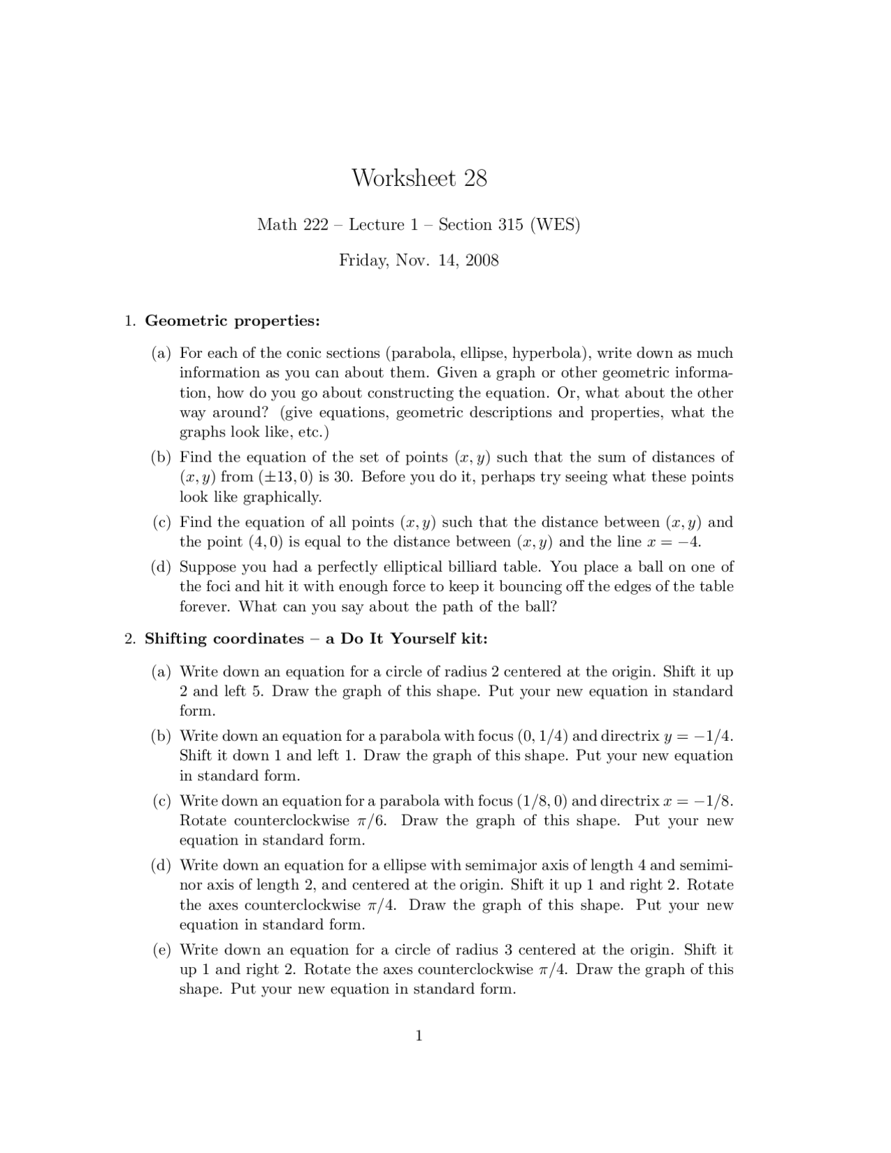 Worksheet 28 Calculus And Analytic Geometry Math 222 Docsity