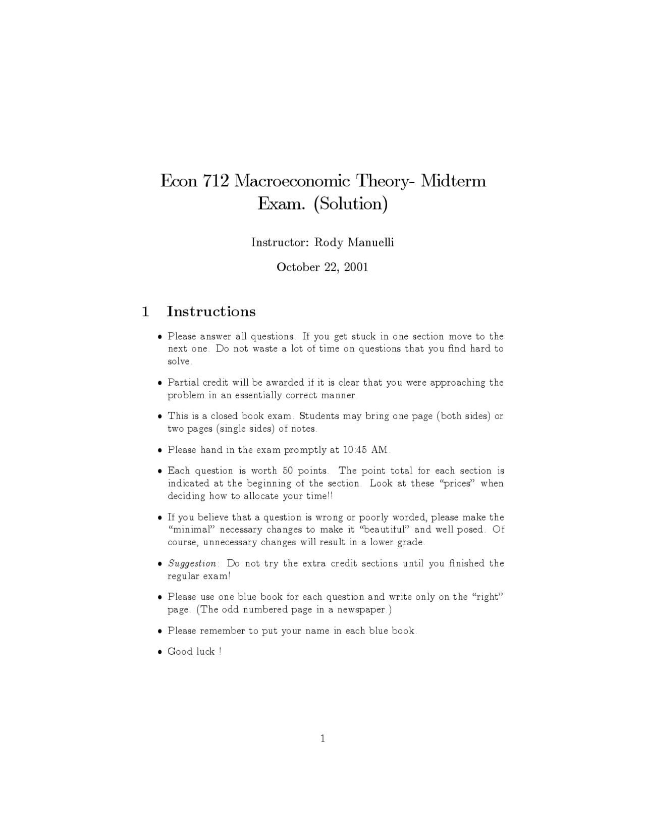 Midterm Exam Solutions Economic Theory Macroeconomics Sequence Econ