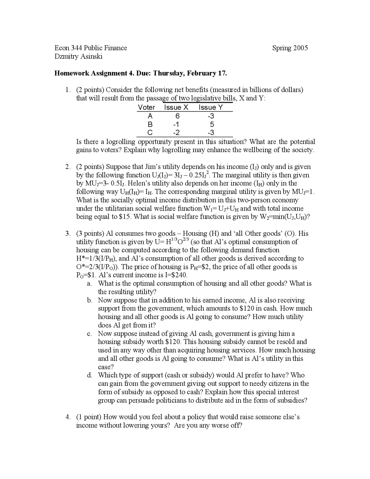 Assignment 4 Problems Public Finance Econ 344 Docsity